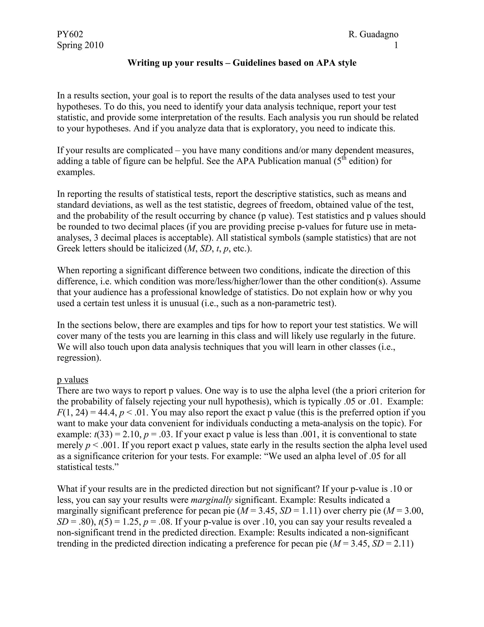 Writing up your results – apa style guidelines | PDF