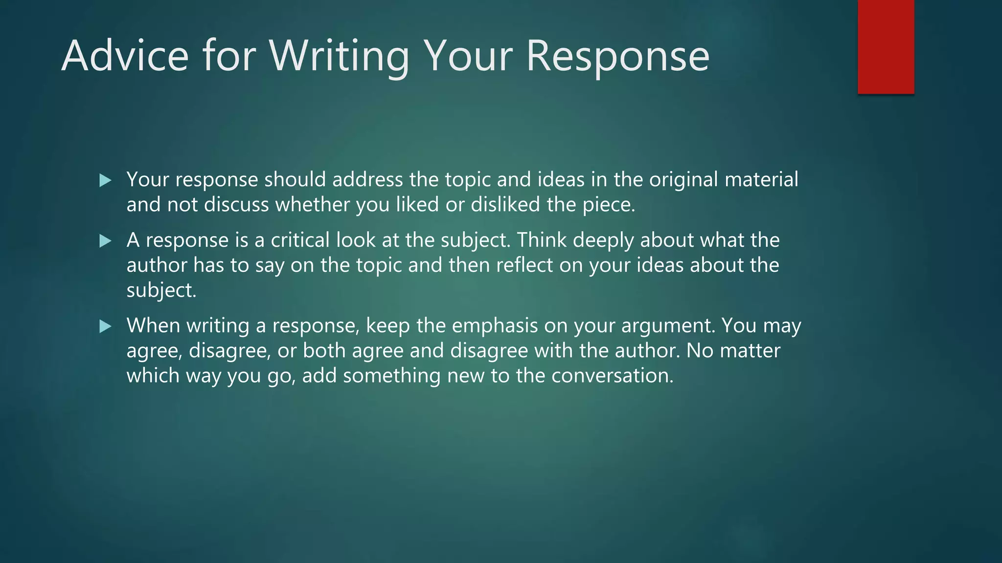 Writing your response for a Summary Response Essay | PPTX