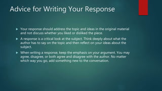 Writing your response for a Summary Response Essay | PPTX