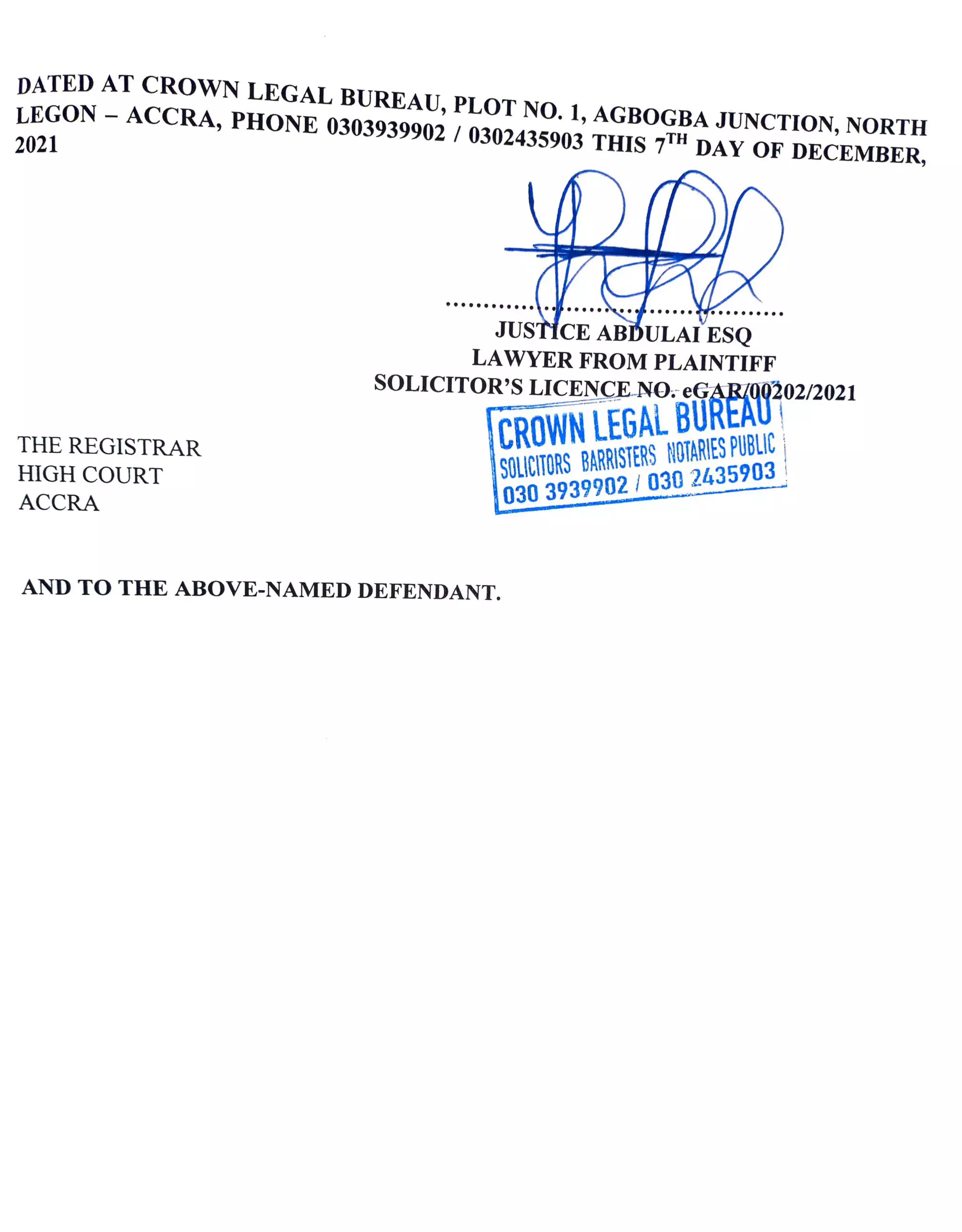 Writ of summons hassan zein vs kwame asare obeng A-Plus | PDF