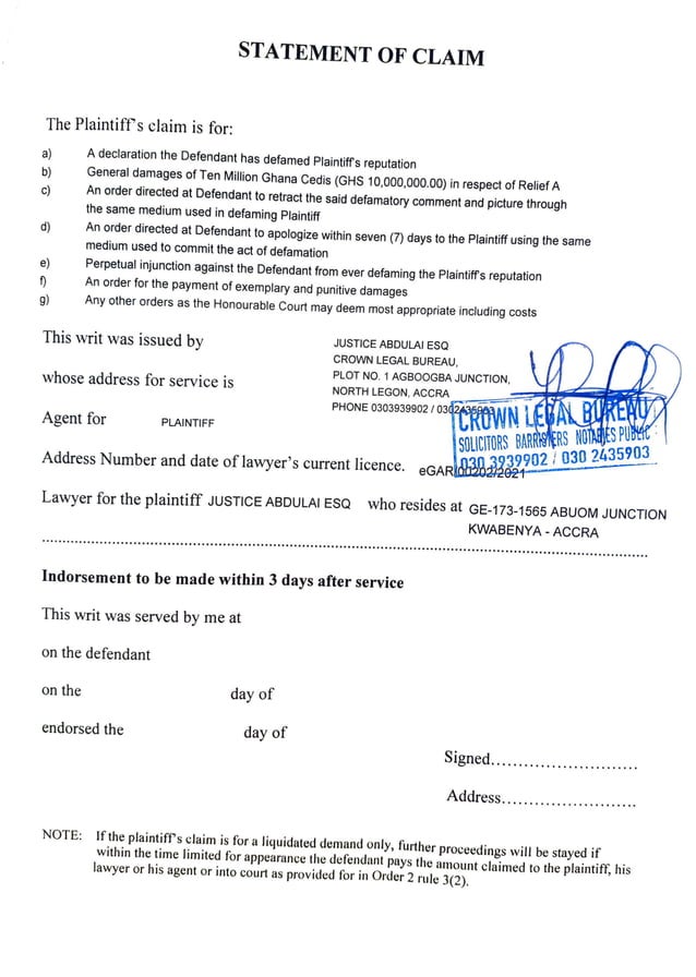 Writ of summons hassan zein vs kwame asare obeng A-Plus | PDF | Legal ...