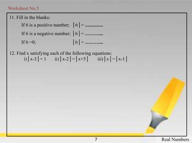 MATHEMATICS WORKBOOK FOR THE UNIT "REAL NUMBERS" | PPSX