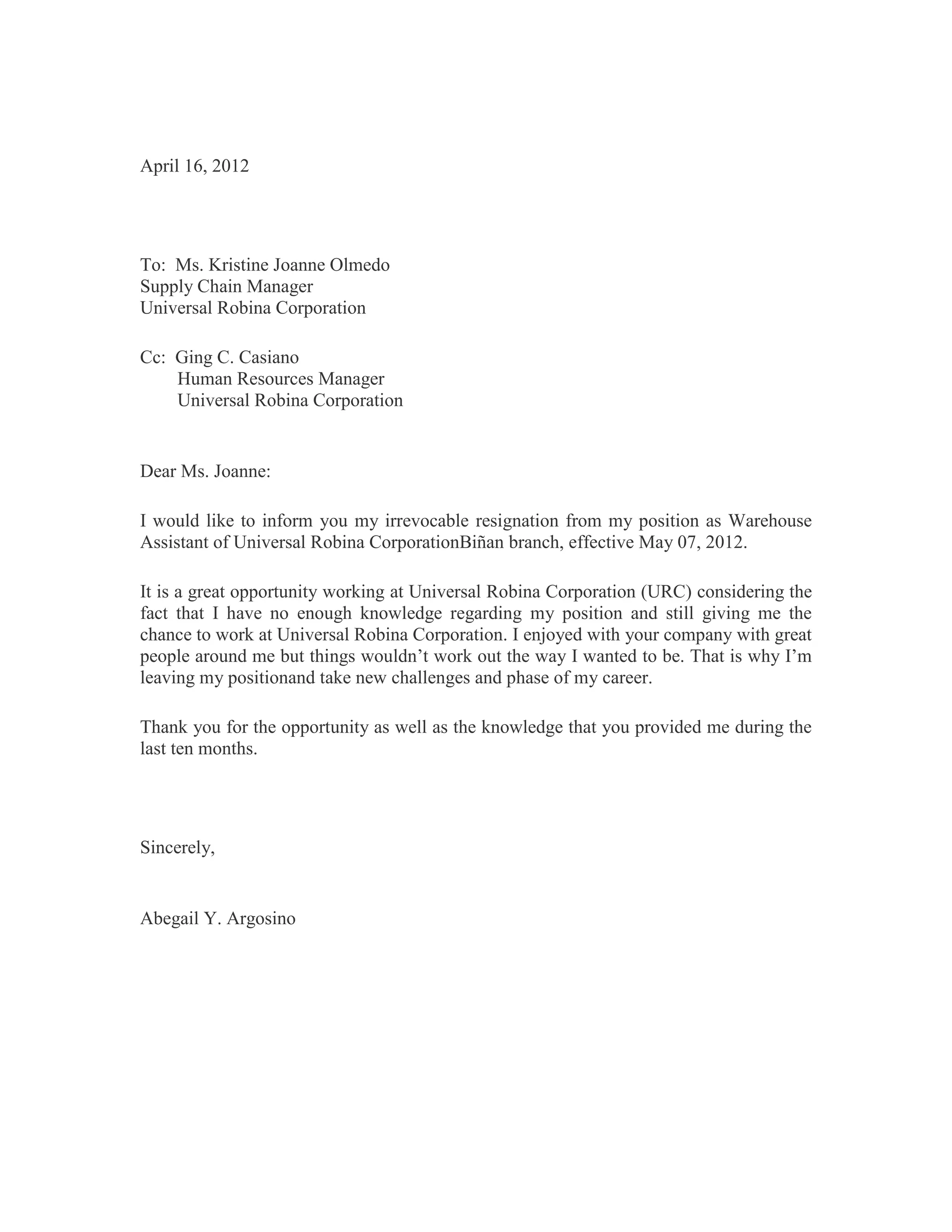 Sample of resignation letter | DOCX | Business | Business and Finance