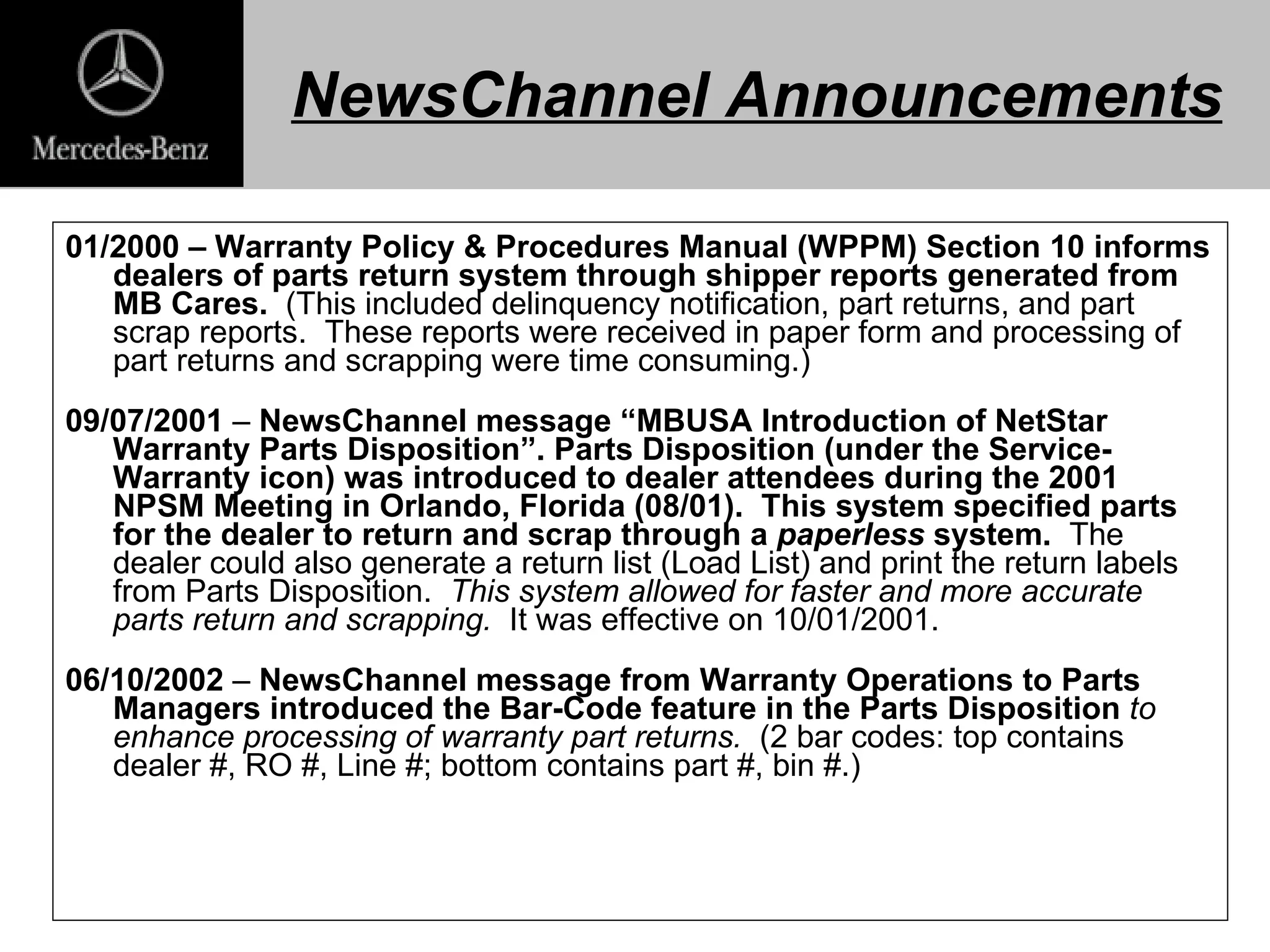 Warranty Parts Return Presentation 09 2003 | PPT