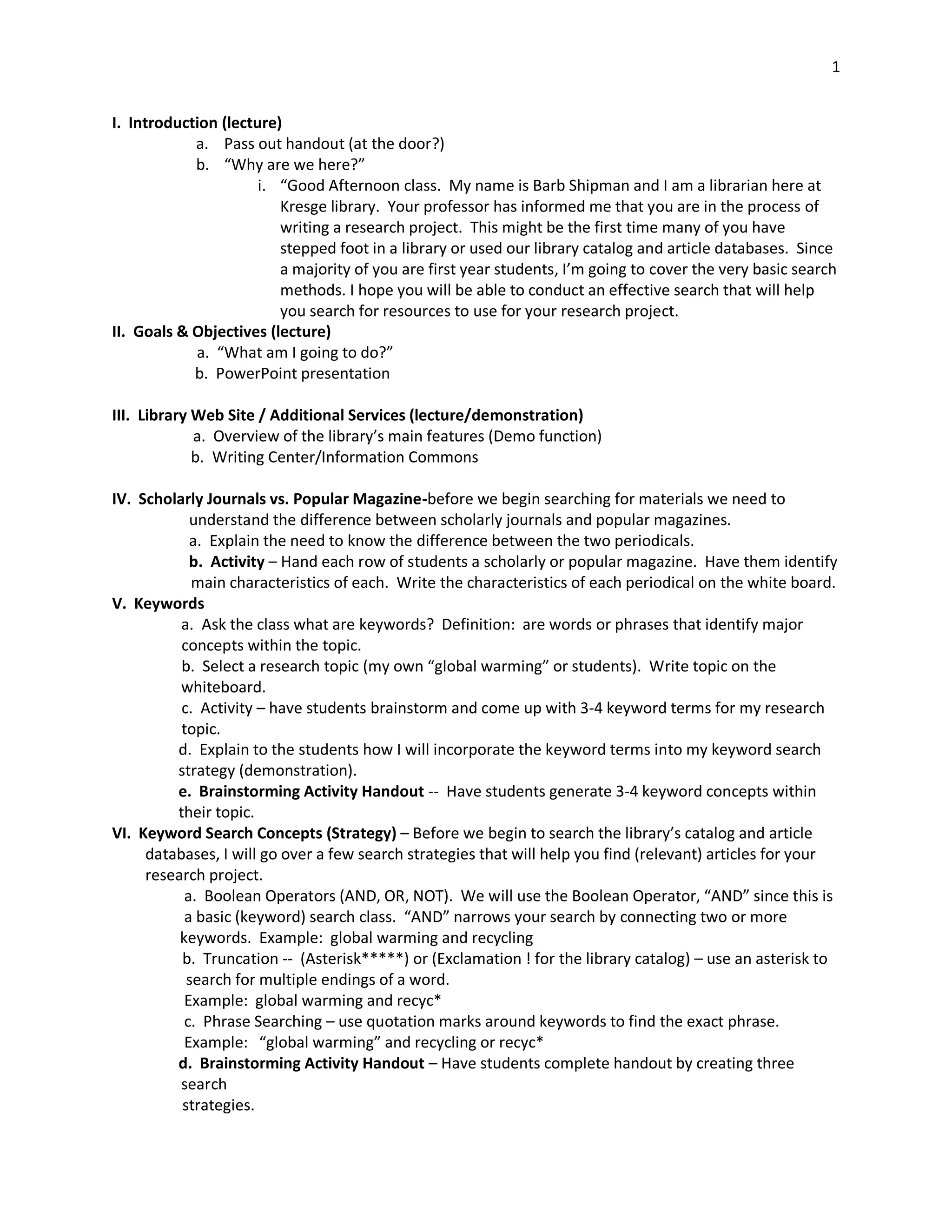 WRT 160 Library Instruction Outline | PDF