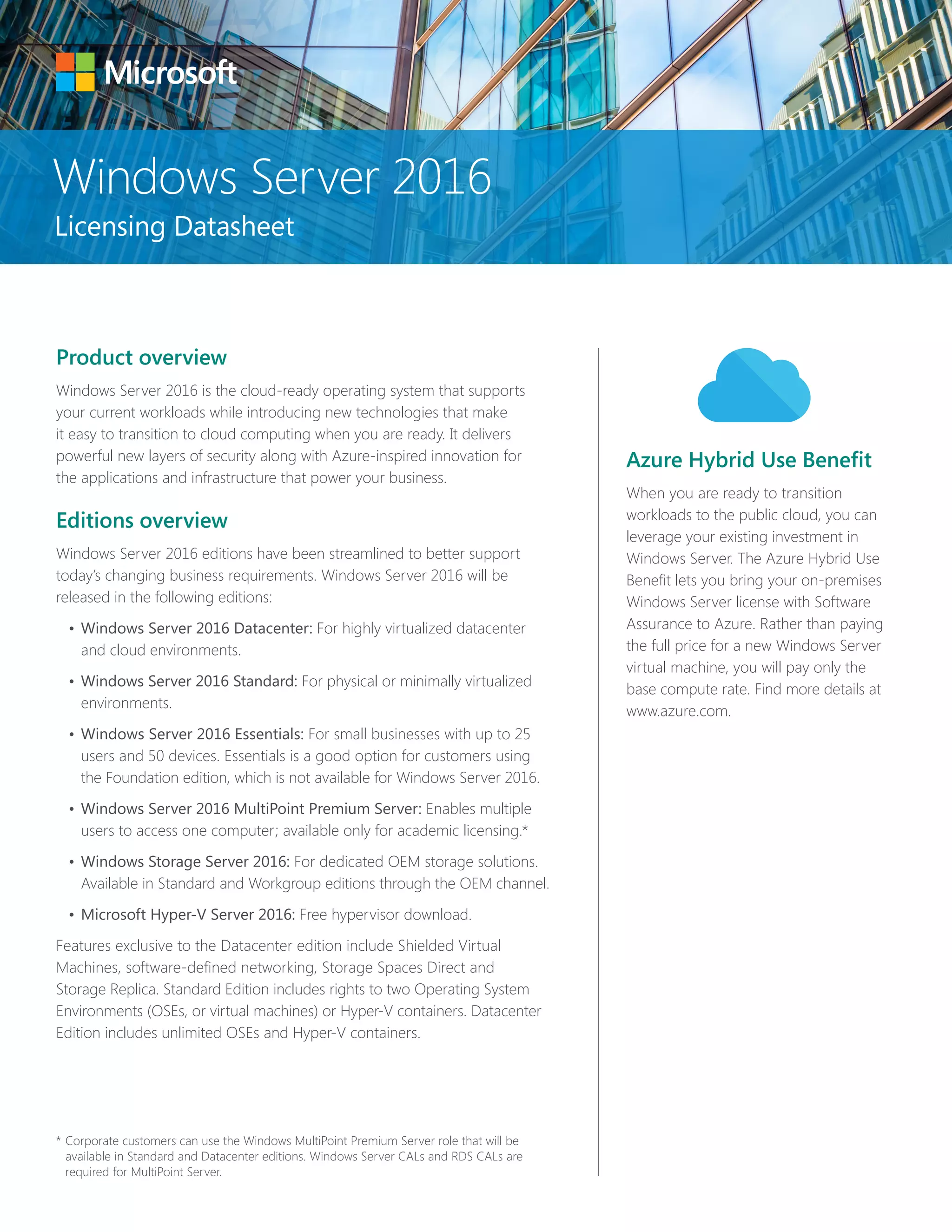 Windows Server 2016 licensing datasheet | PDF