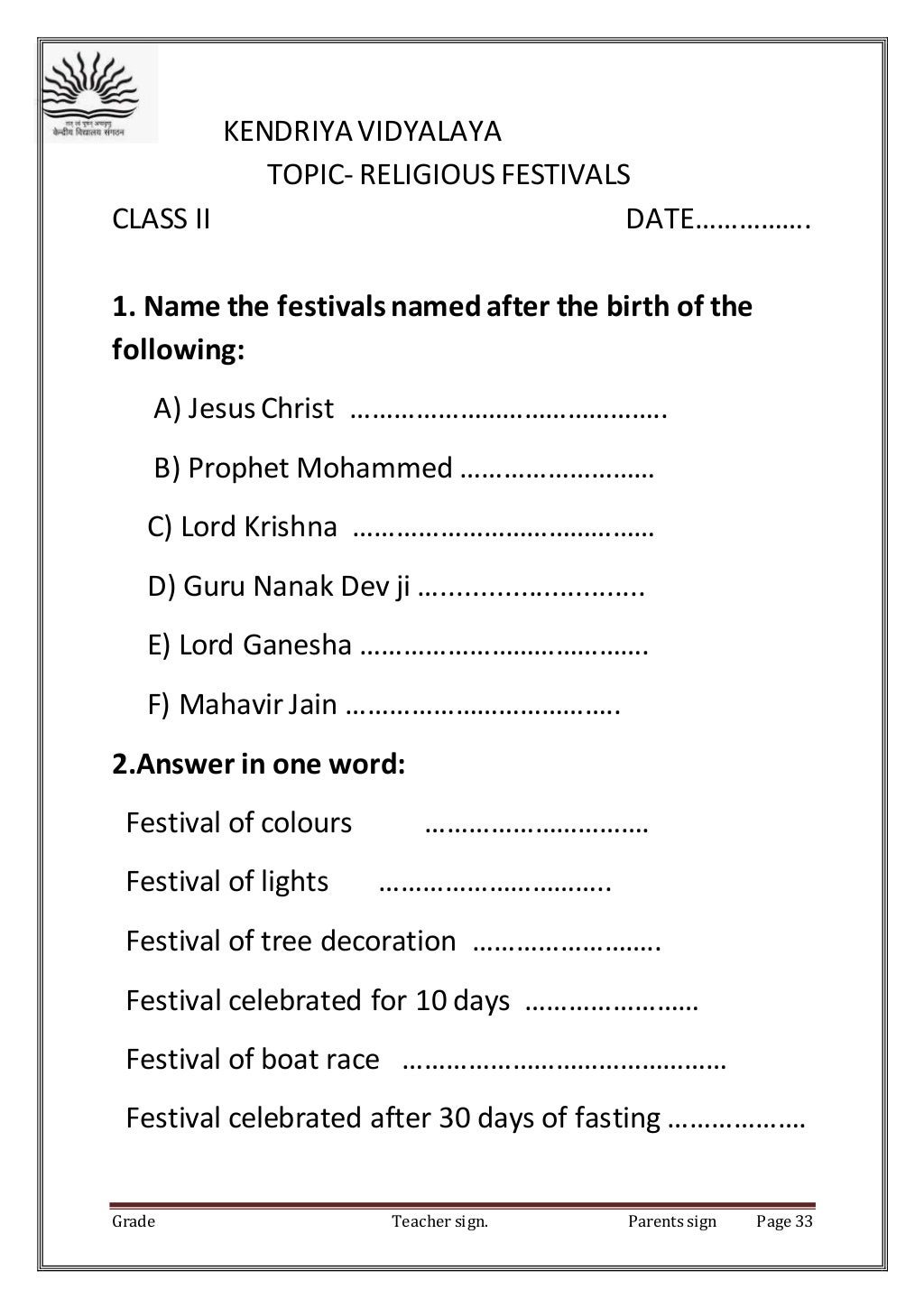 CLASS II EVS WORKSHEETS