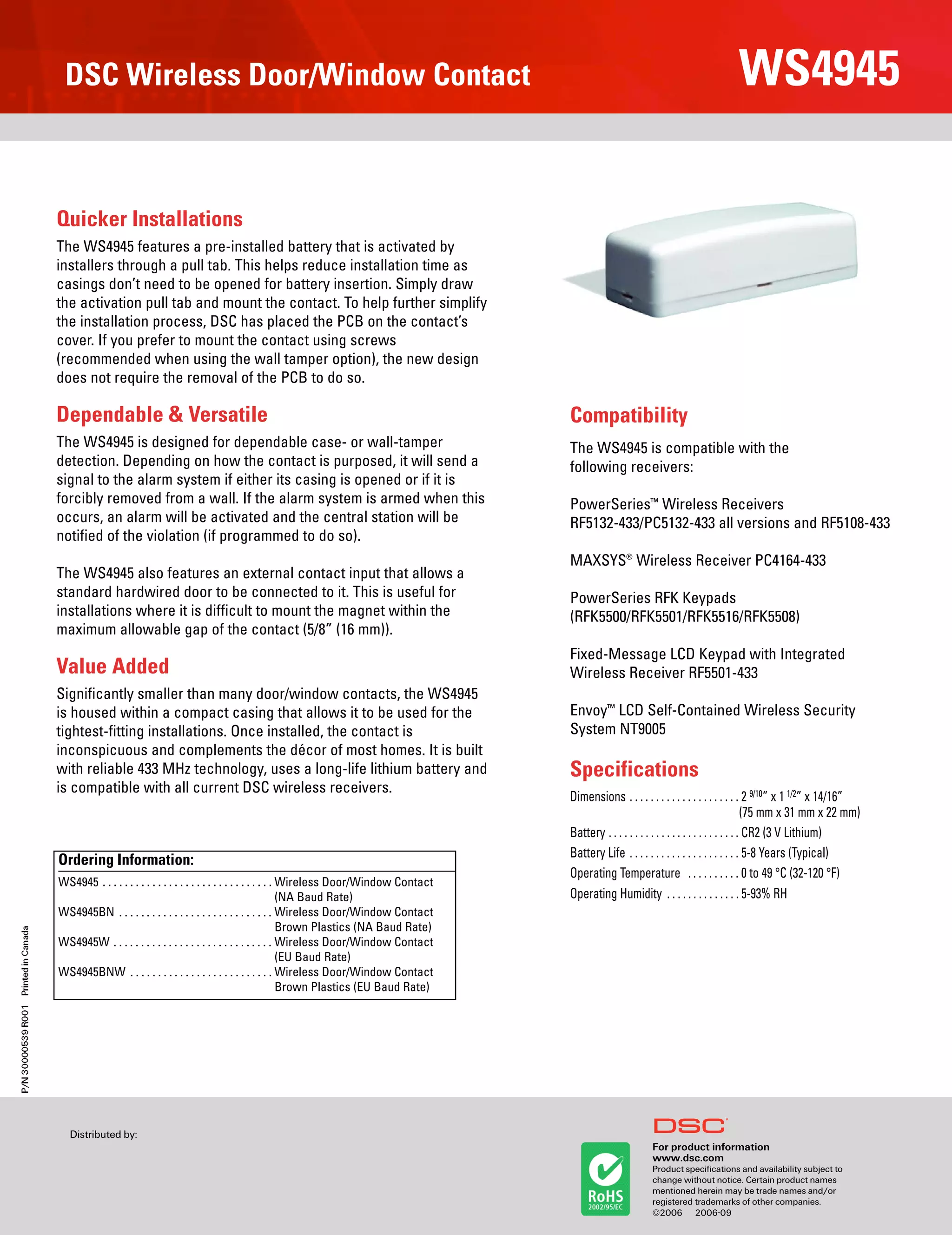 Ws4945 wireless door contact | PDF