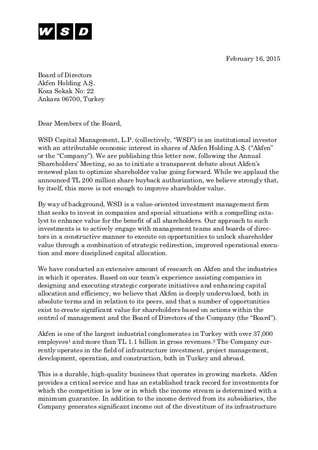 Letter To The Board Of Directors Of Akfen Holding Letter To The Board Of Directors Of Akfen Holding