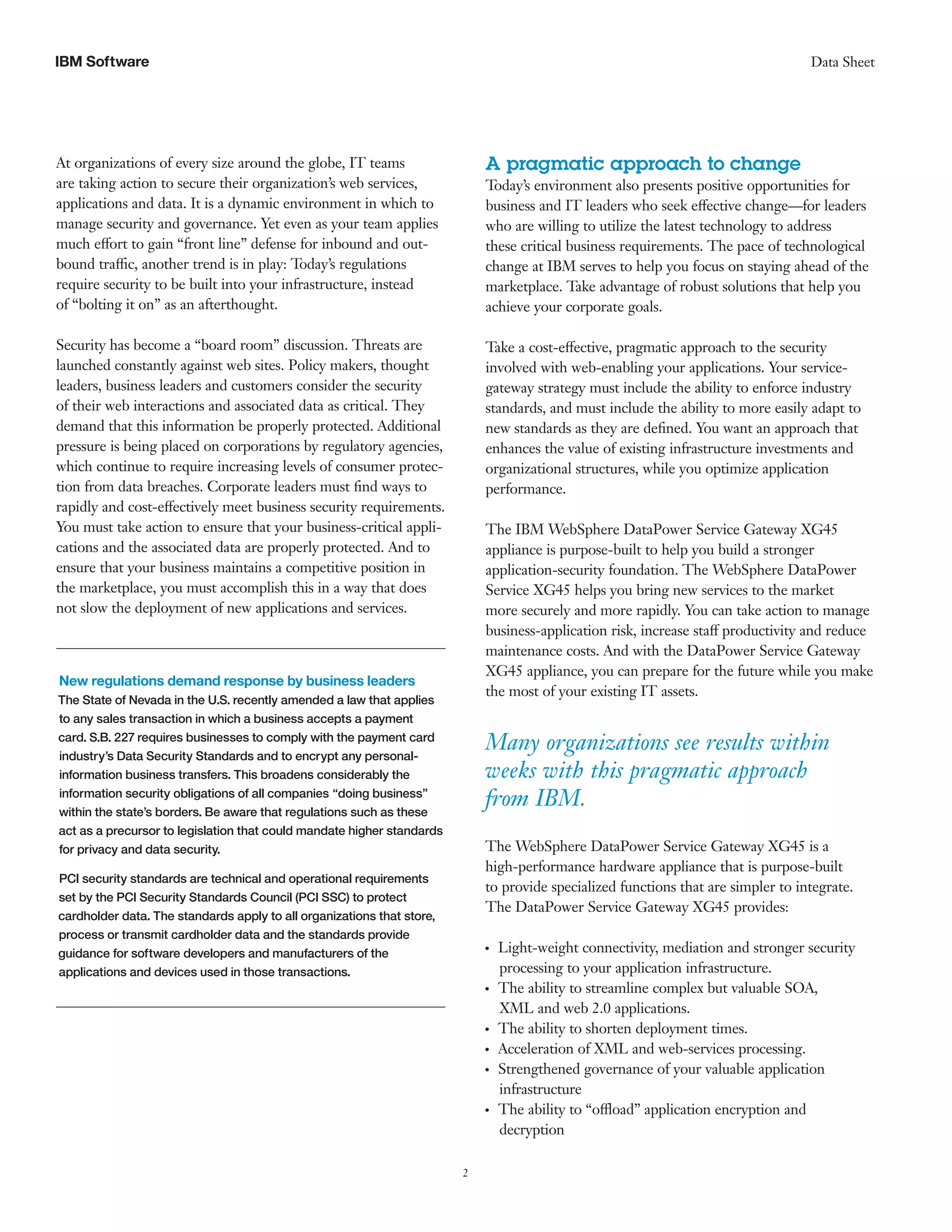 Datasheet: WebSphere DataPower Service Gateway XG45 | PDF