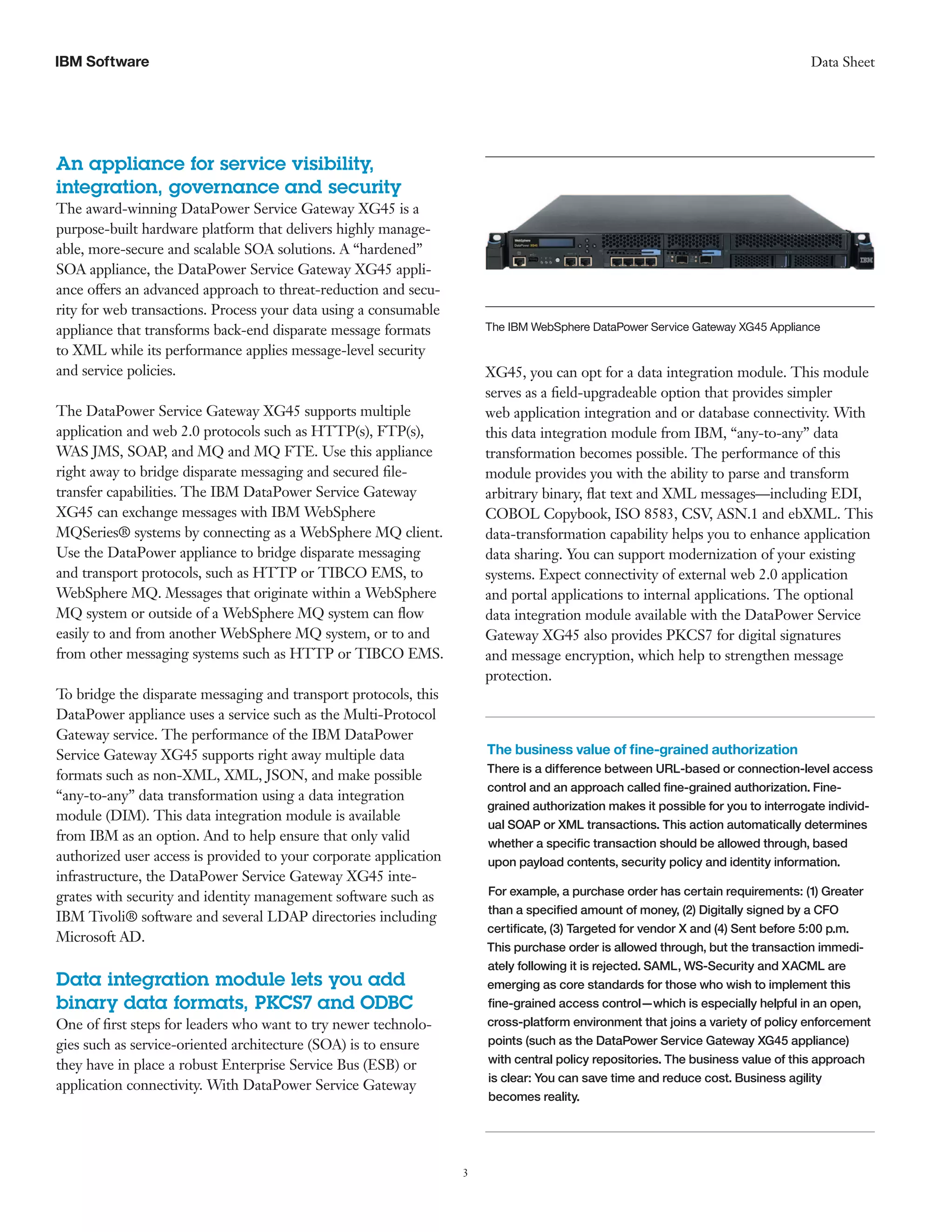 Datasheet: WebSphere DataPower Service Gateway XG45 | PDF