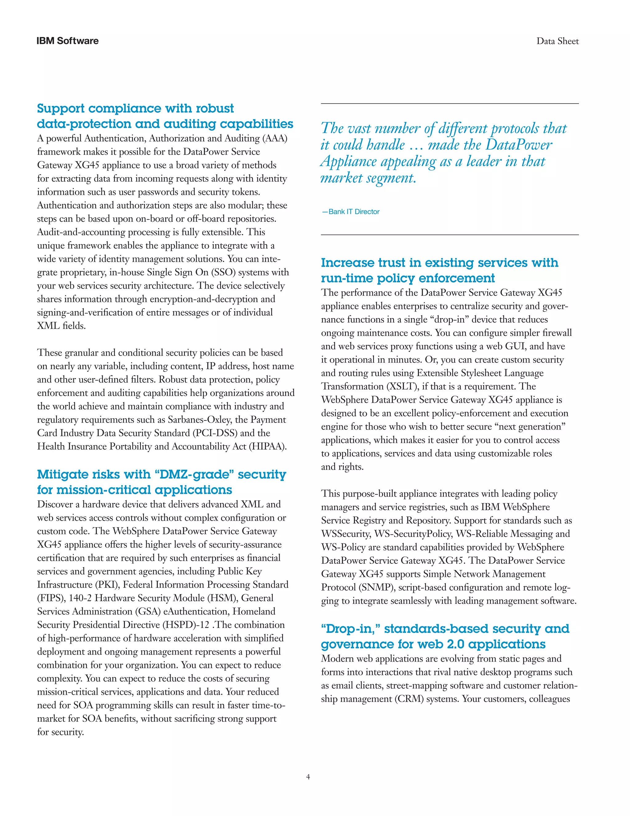 Datasheet: WebSphere DataPower Service Gateway XG45 | PDF