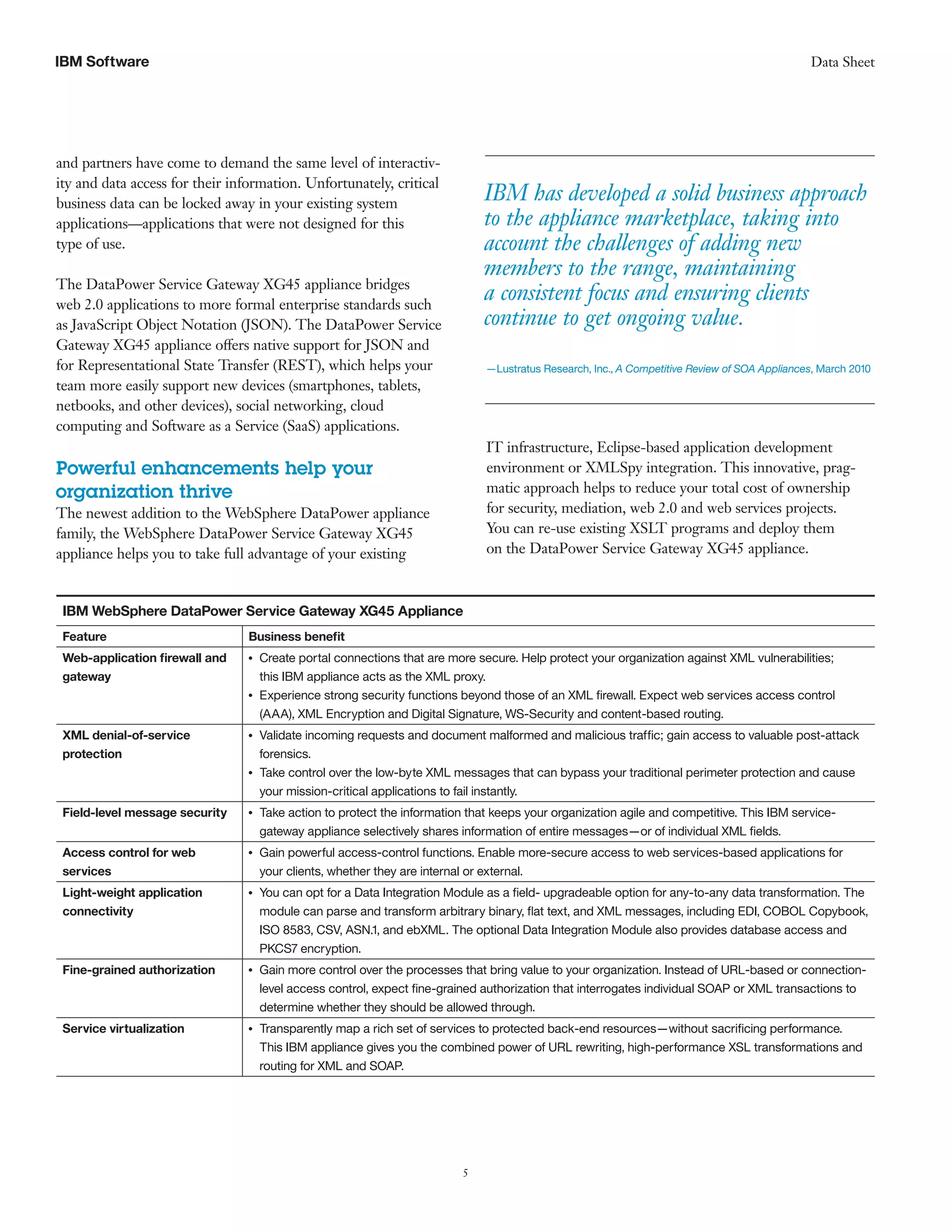Datasheet: WebSphere DataPower Service Gateway XG45 | PDF