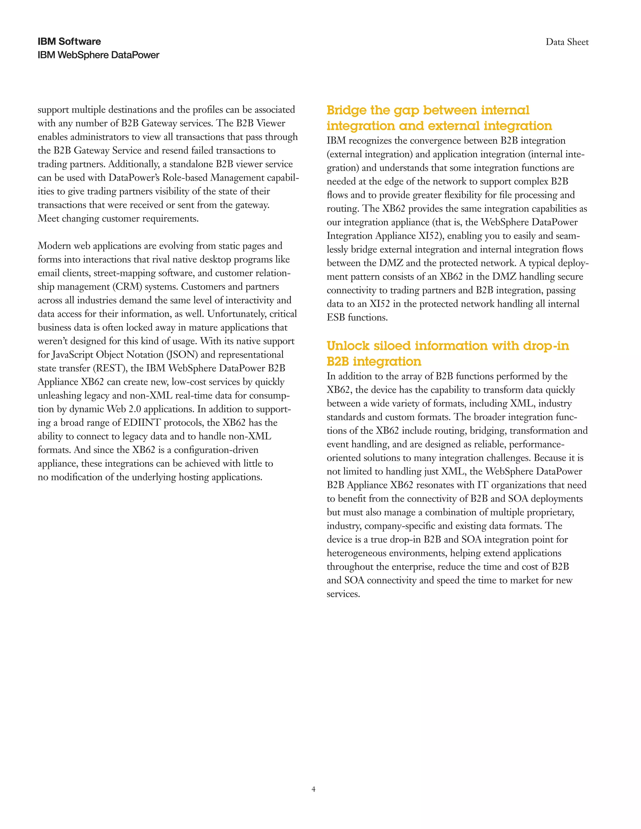 Datasheet: WebSphere DataPower B2B Appliance XB62 | PDF