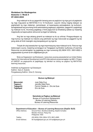 Worksheet Kindergarten Matatag Quarter 1 Week 5 | PDF