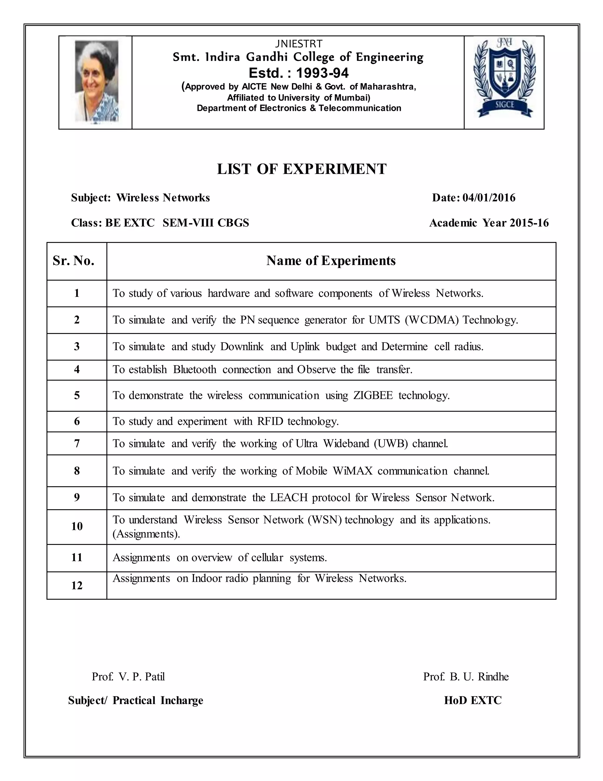WIRLESS SENSOR NETWORK experiment LIST BY MR UMAKANT GOHATRE AND PROF ...