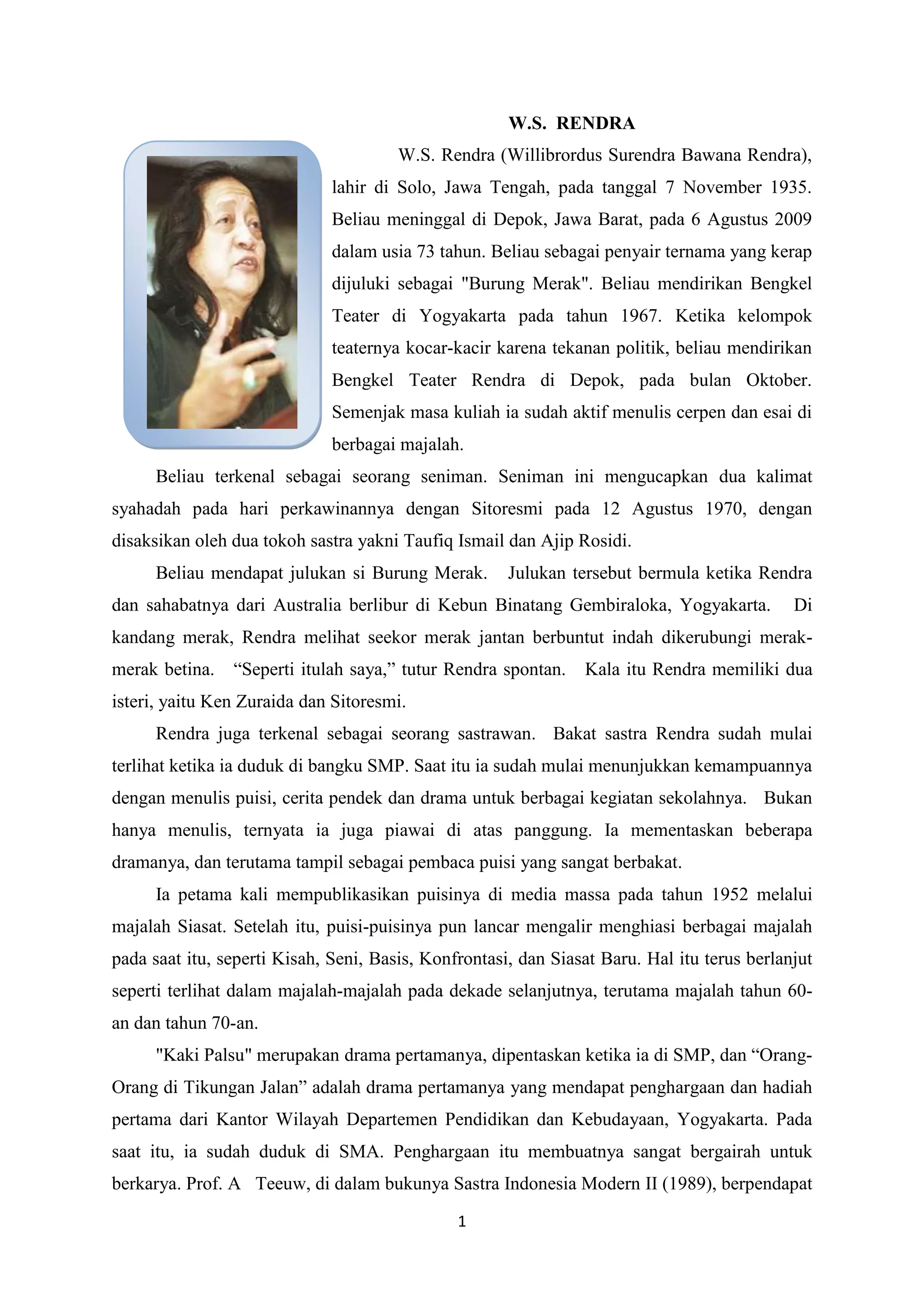 W.S. RENDRA, TAUFIK ISMAIL, SUTARDJI CALZOUM BACHRI, CHAIRIL ANWAR | DOCX