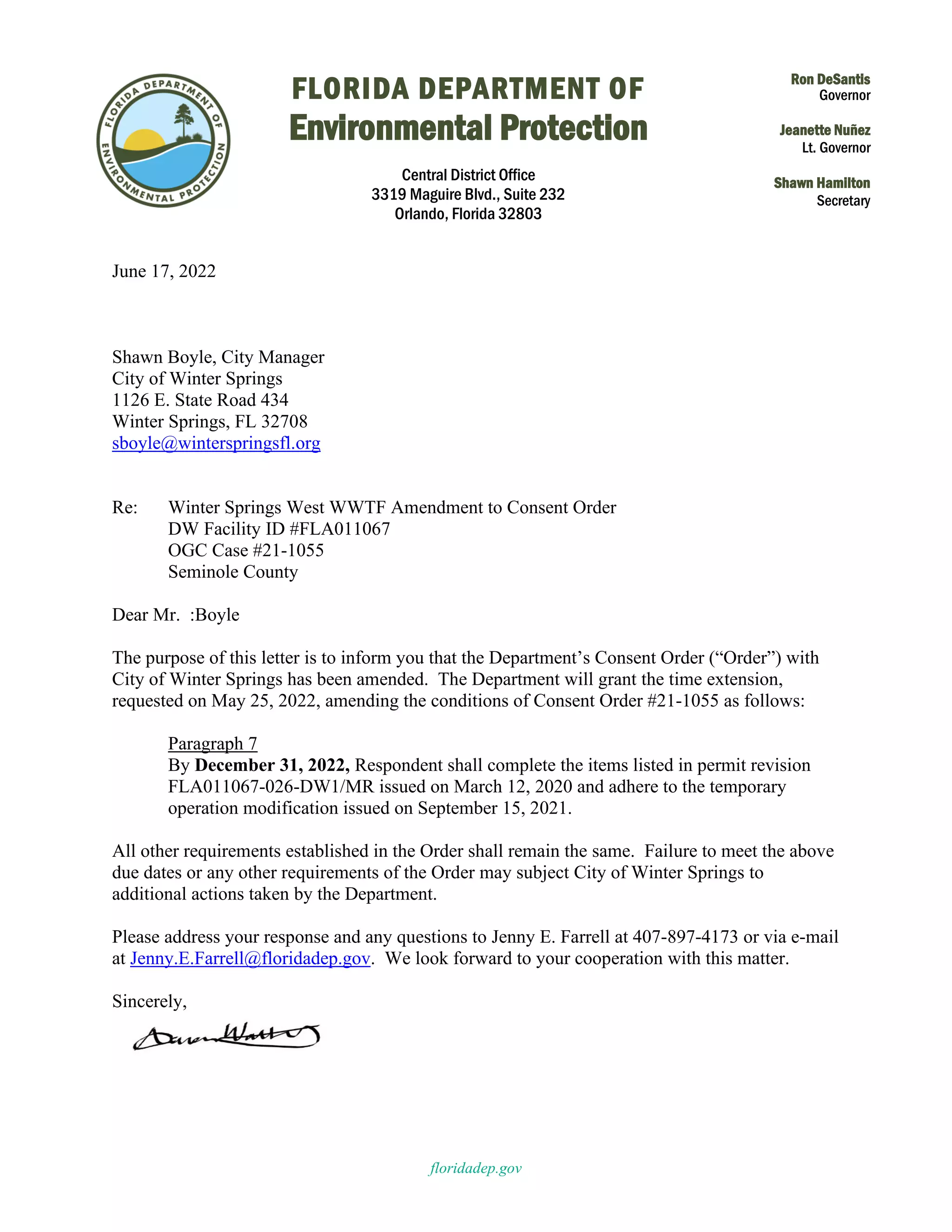 WSW OGC 21-1055 Time Extension Amendment to LFCO | PDF