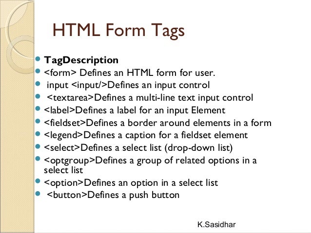 HTML By K.Sasidhar