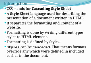 Presentation on CSS, Style Sheet, Types of Styles, Types of Text Formatting, Fonts | PPTX