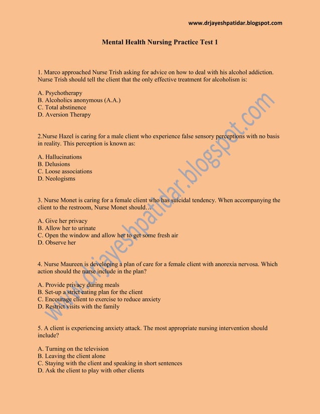 Mental health nursing practice test 1 | PDF