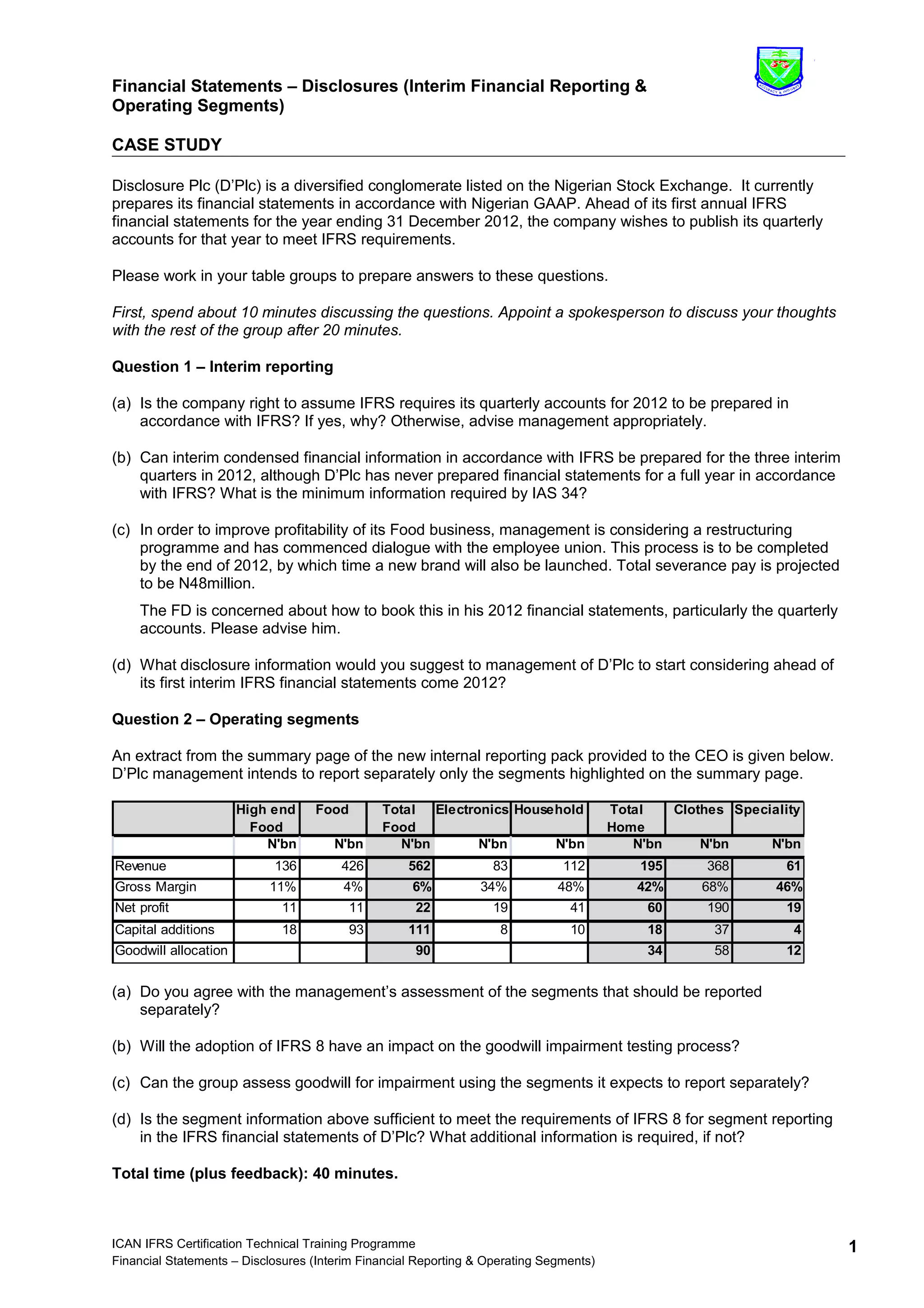 Fs discl interim & segment reporting case study | DOC