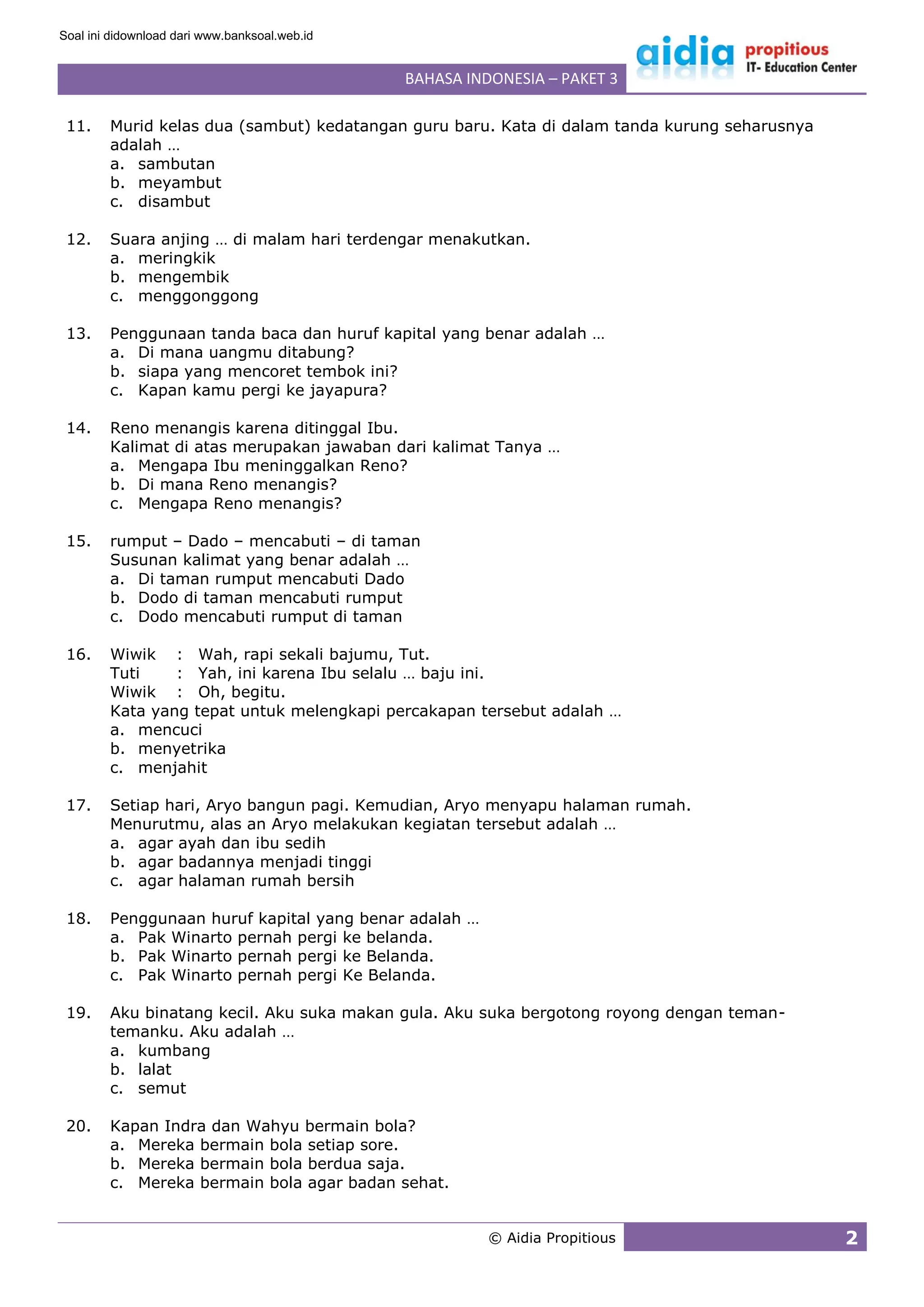 [Www.banksoal.web.id] soal latihan bahasa indonesia sd kelas 2 paket 3 | PDF
