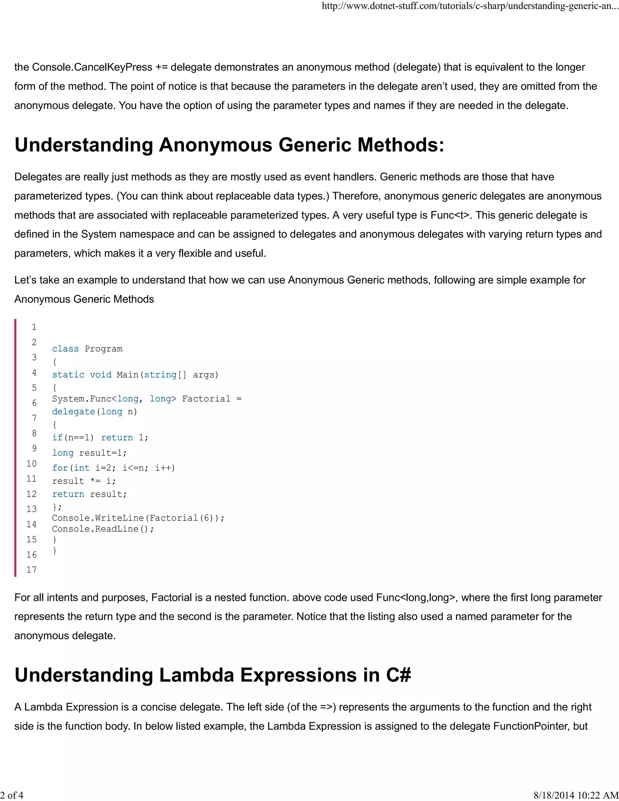 Tutorials C Sharpunderstanding Generic Anonymous Methods And Lambda Expressions In C Sharp Pdf