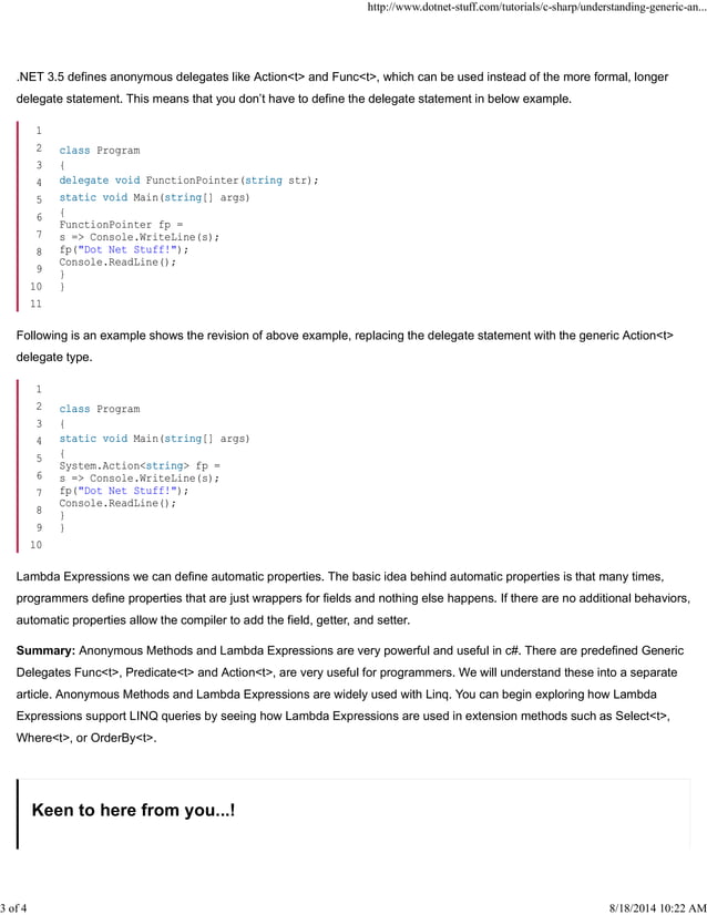 Tutorials C Sharpunderstanding Generic Anonymous Methods And Lambda Expressions In C Sharp Pdf