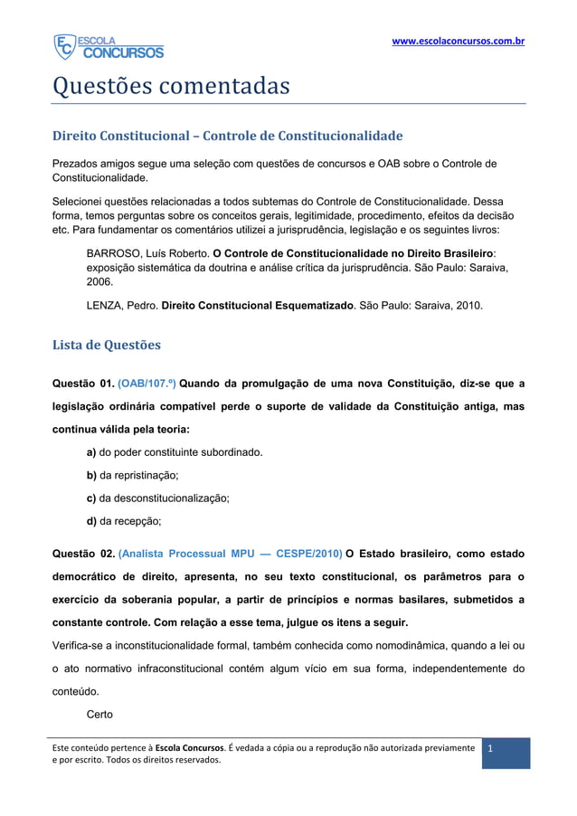 Questões Comentadas Direito Constitucional Controle De