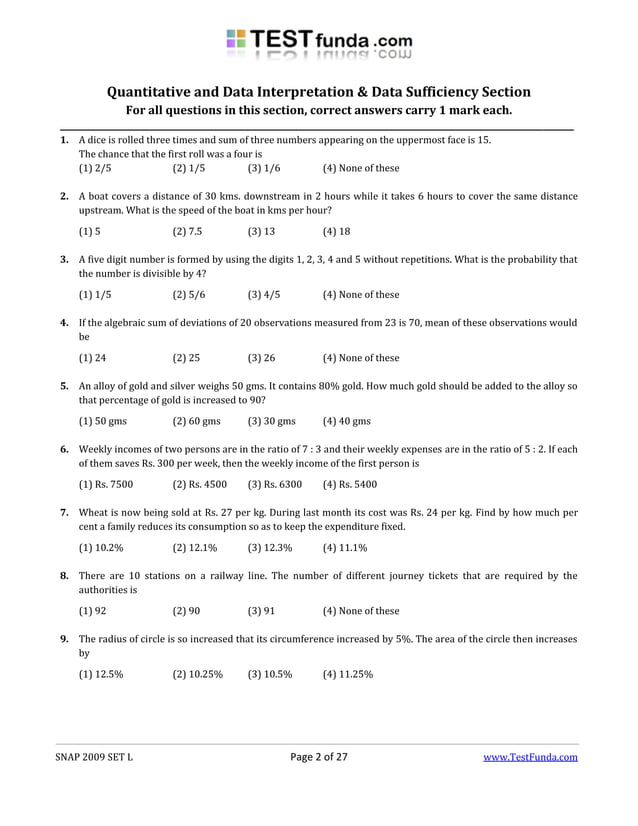 (Www.entrance exam.net)-snap sample paper 5 | PDF | Commodities | Economy
