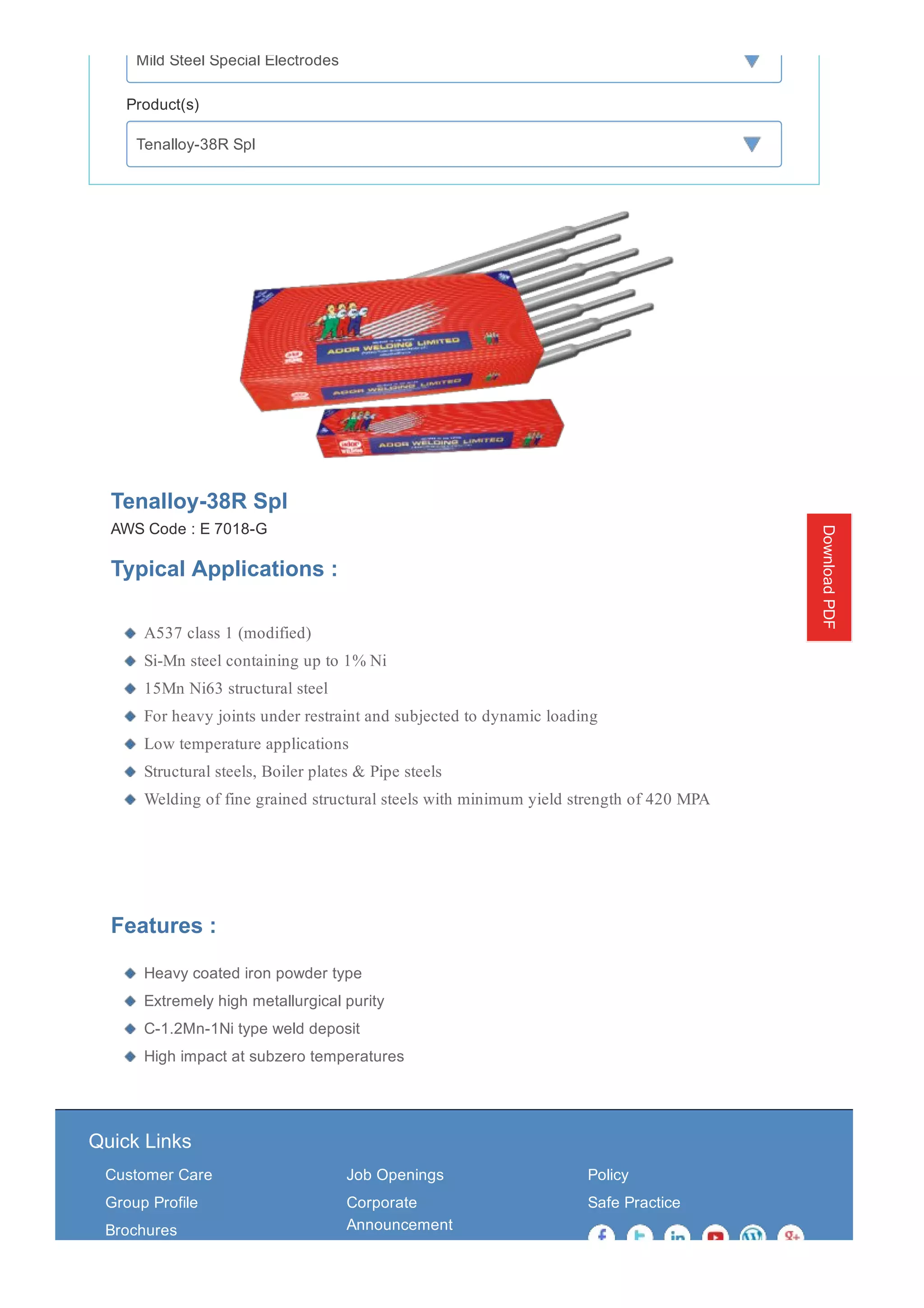 Tenalloy-38R Spl - Mild Steel Electrode - Welding Electrodes - Ador ...