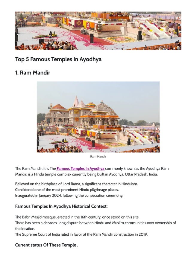 Top Best Famous Temples In Ayodhya Ram Mandir | PDF