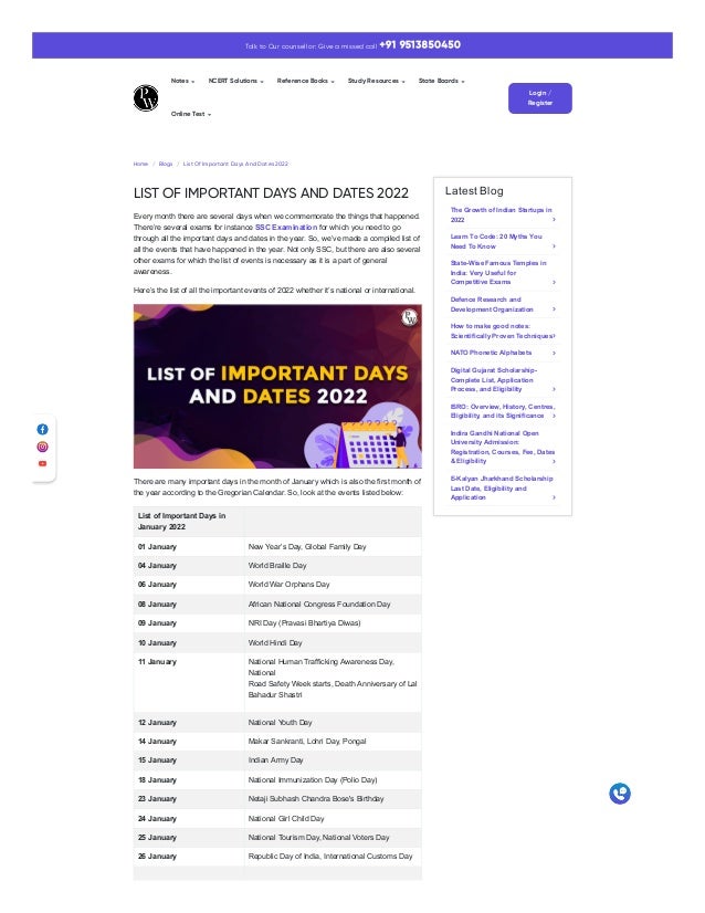List Of Important Days And Dates 2022 | PDF