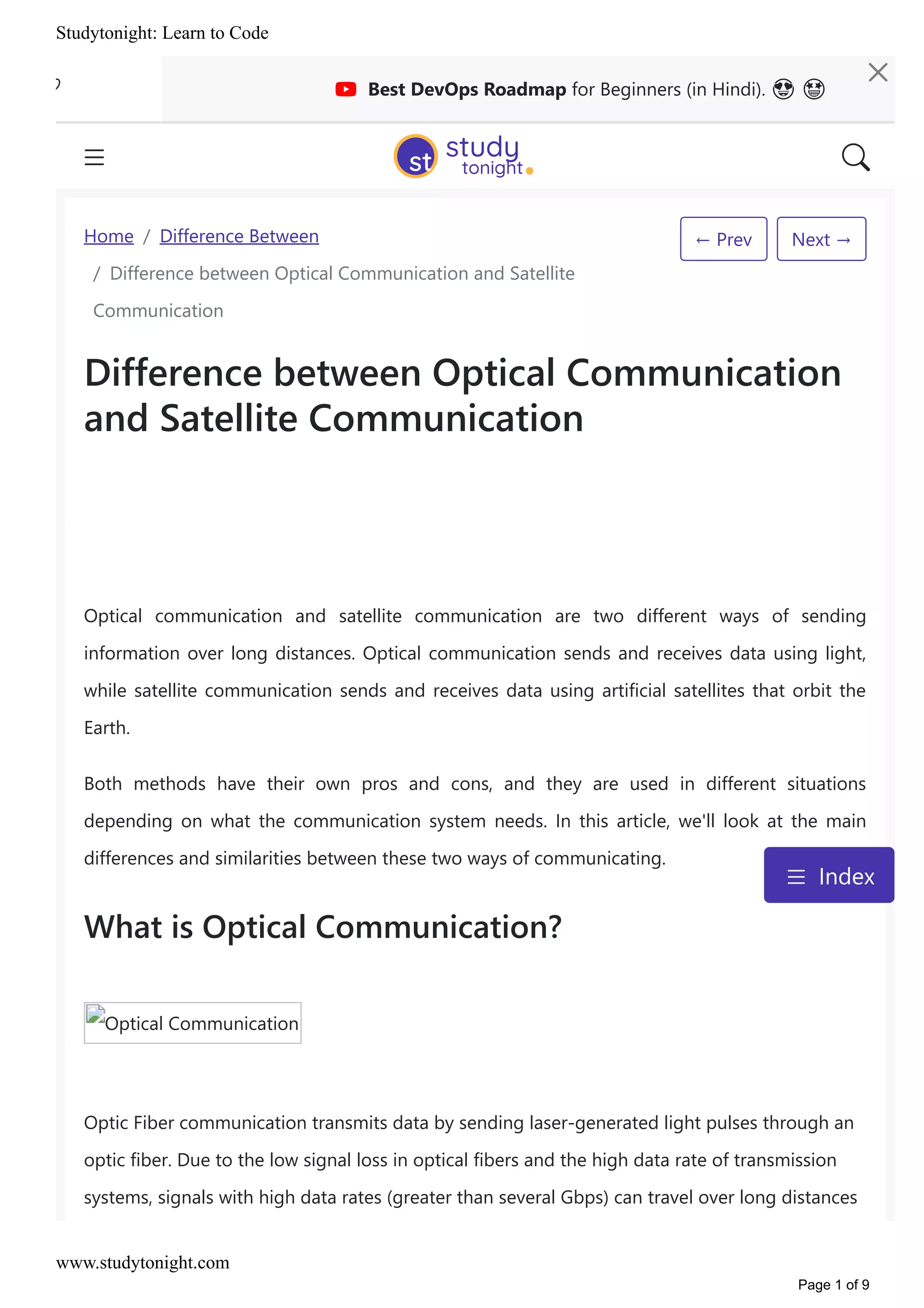 Difference between Optical Communication and Satellite Communication | PDF