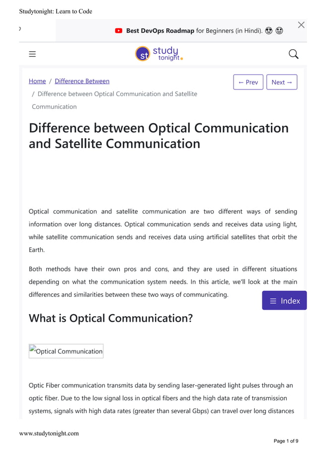 Difference between Optical Communication and Satellite Communication | PDF
