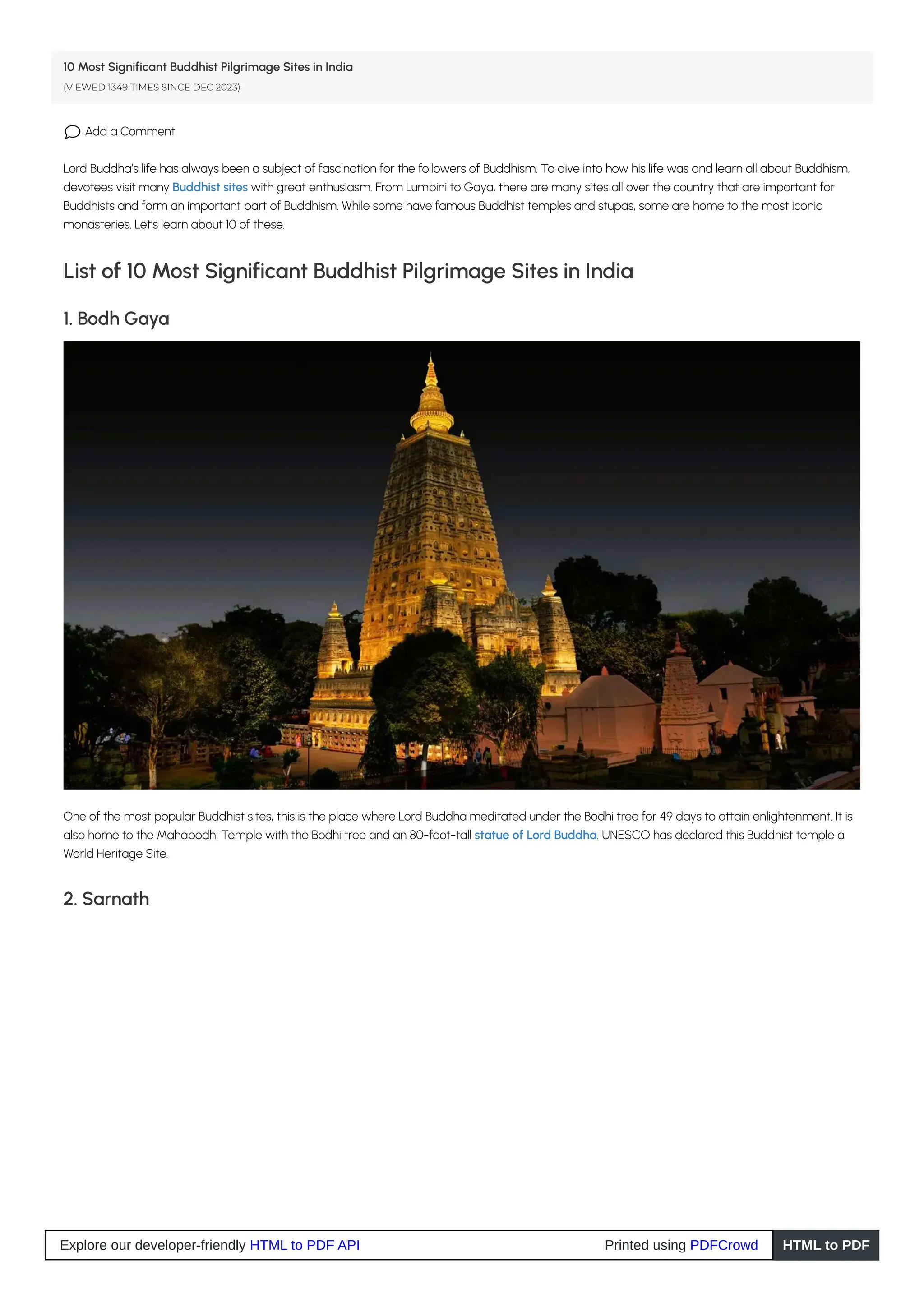 10 Most Significant Buddhist Pilgrimage Sites in India | PDF