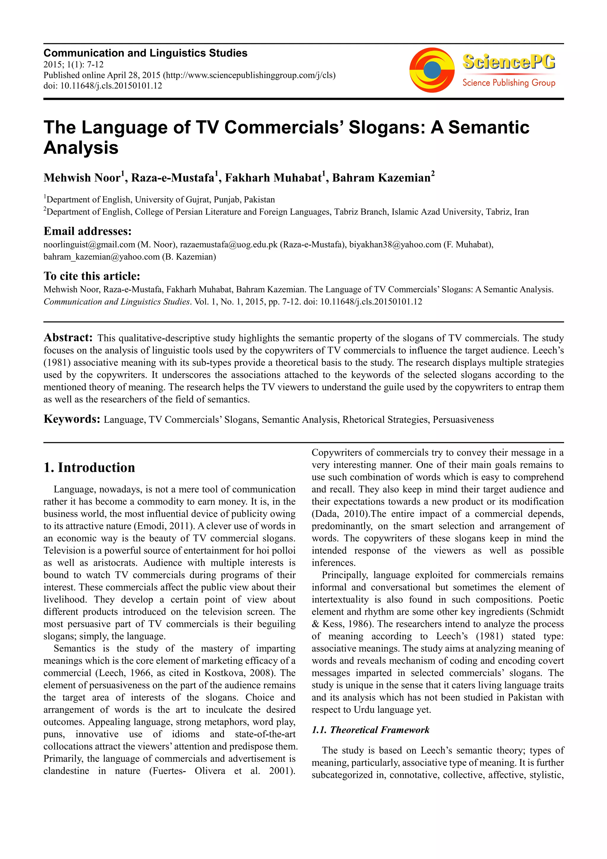 The Language of TV Commercials’ Slogans: A Semantic Analysis | PDF