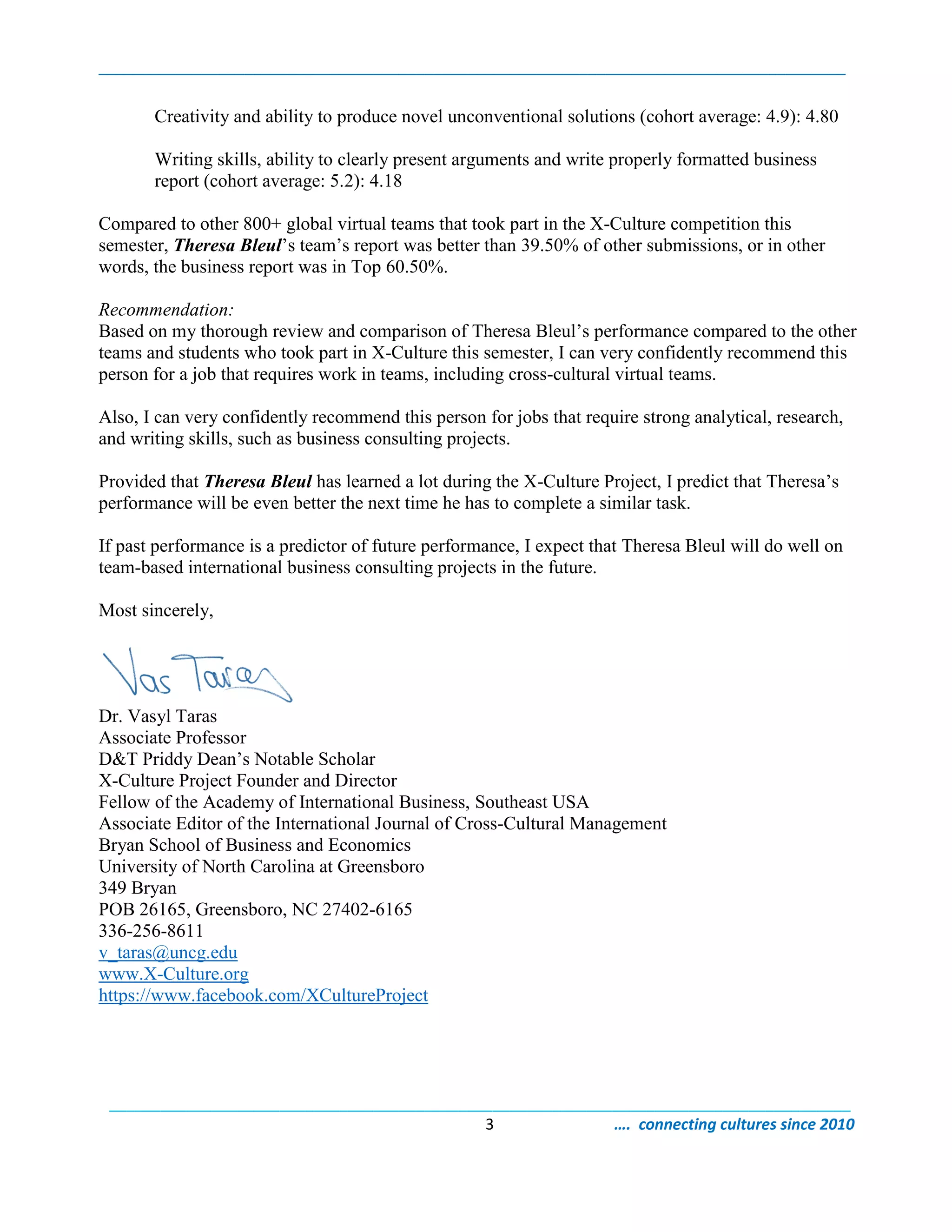 X-Culture Global Collaboration Certificate | PDF