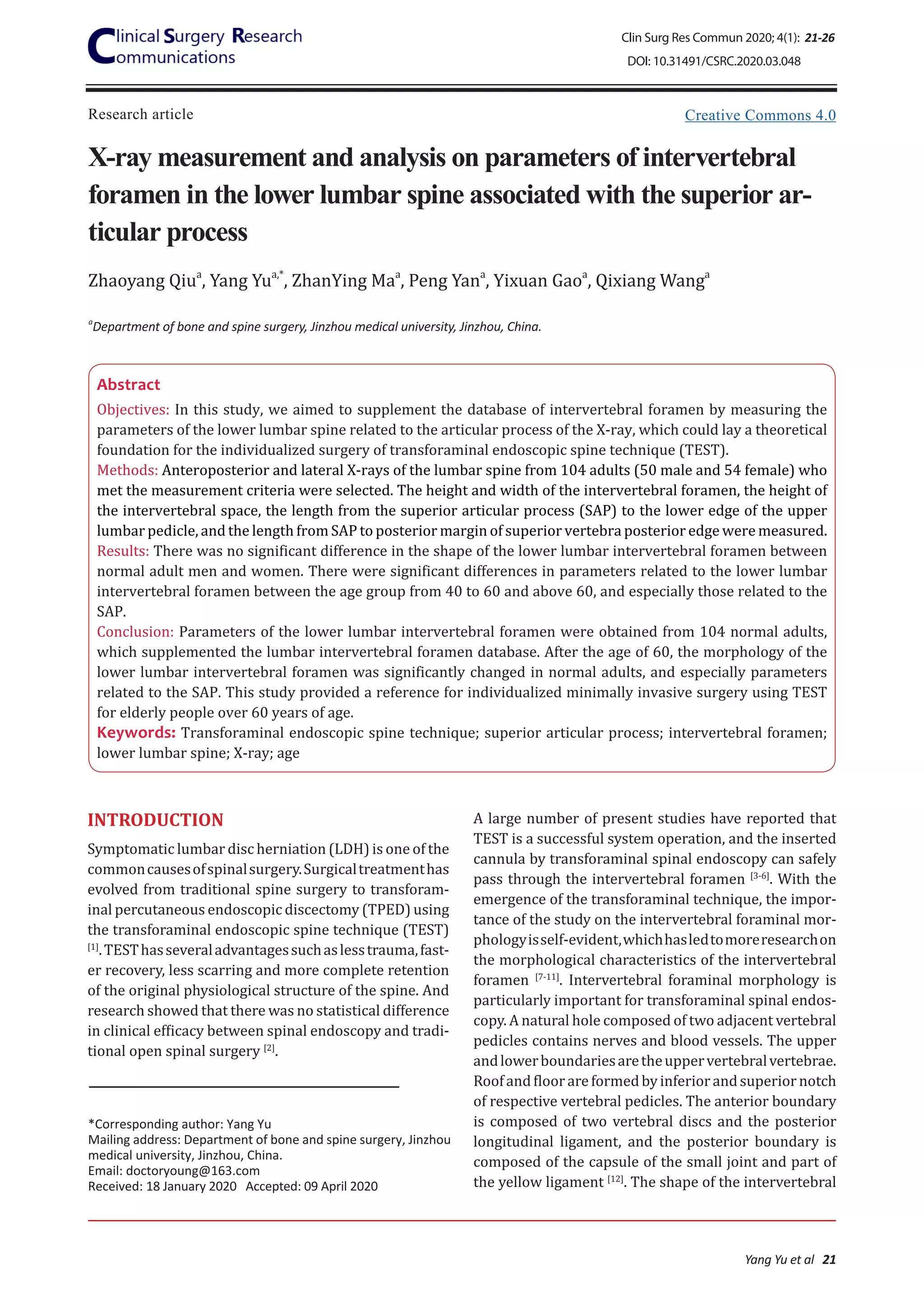 X ray measurement and analysis on parameters of intervertebral foramen ...