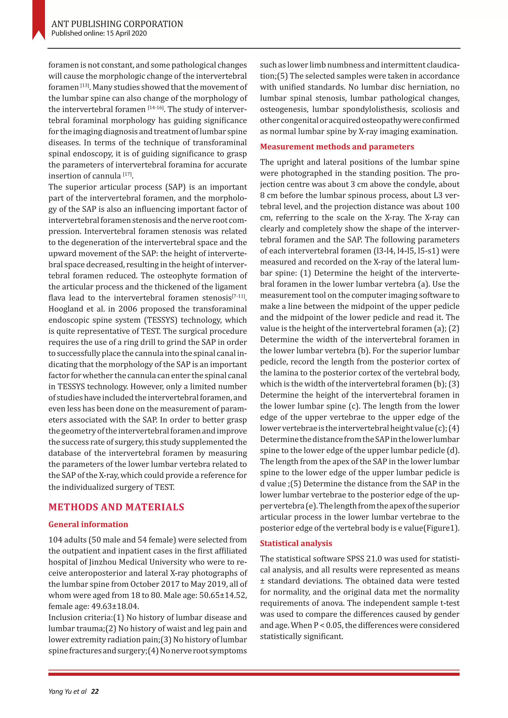 X ray measurement and analysis on parameters of intervertebral foramen ...