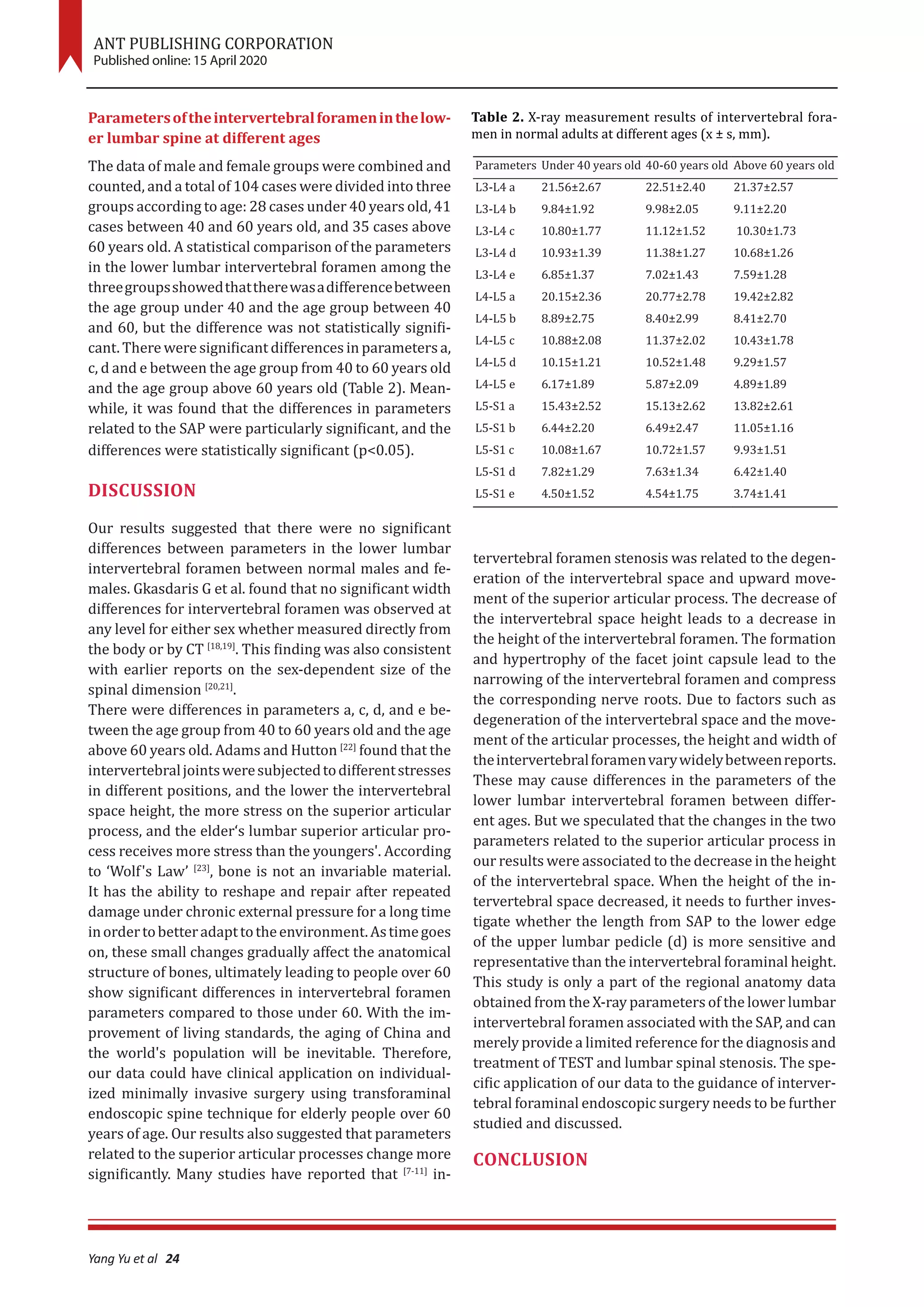 X ray measurement and analysis on parameters of intervertebral foramen ...