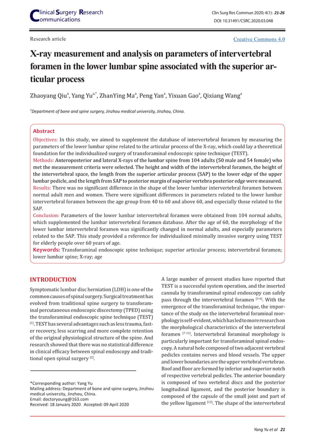 X ray measurement and analysis on parameters of intervertebral foramen ...