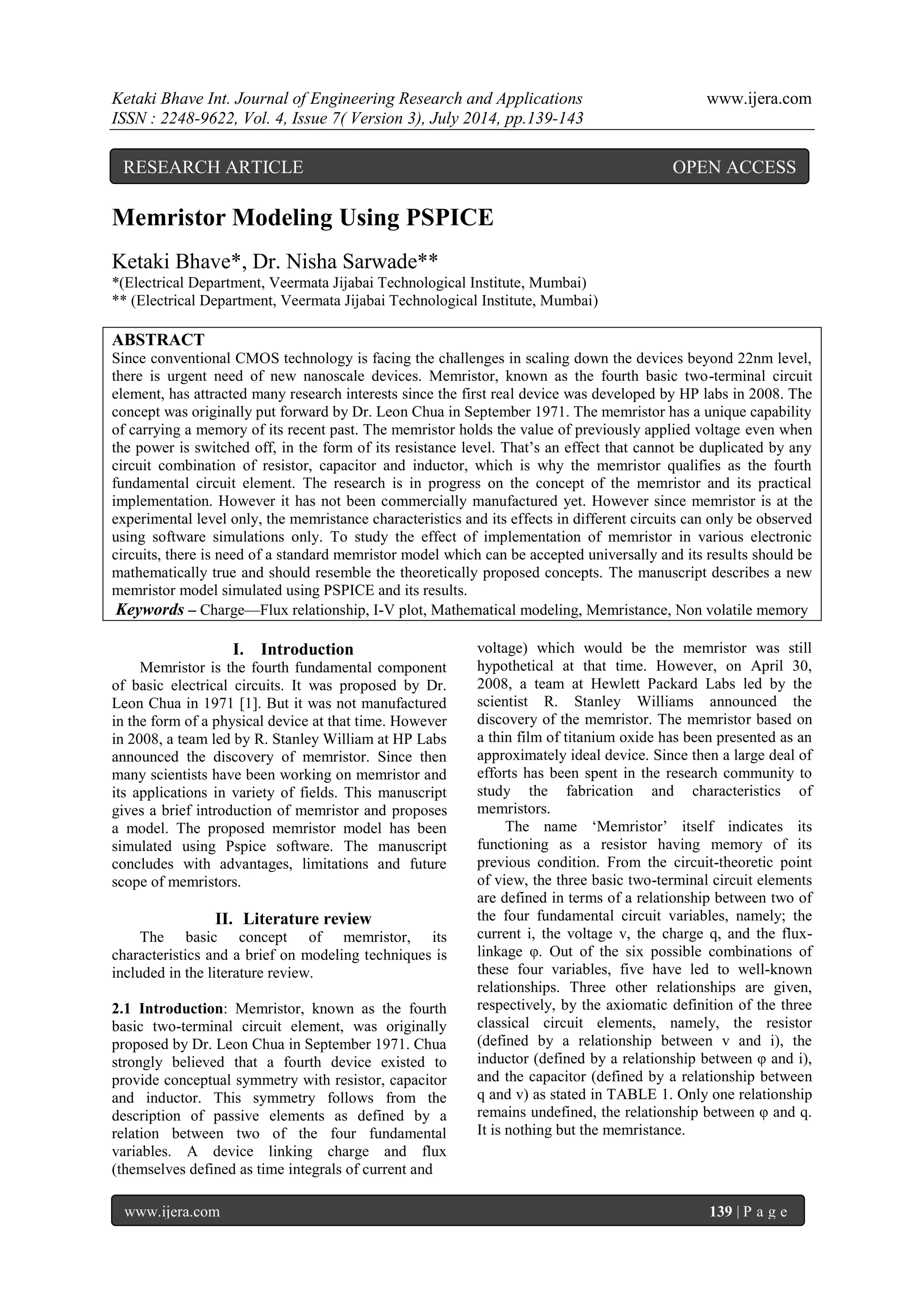 Memristor Modeling Using PSPICE | PDF
