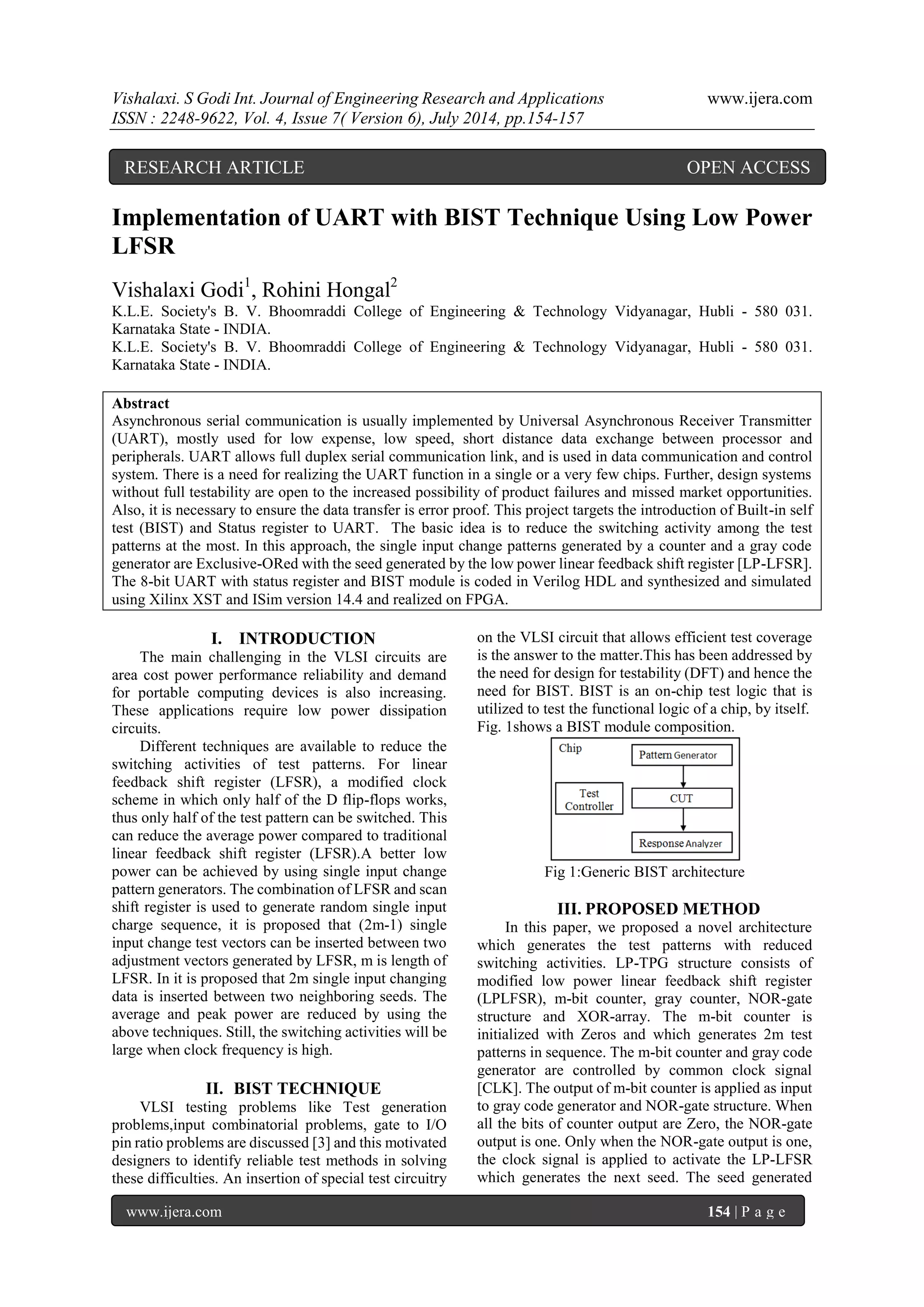Implementation of UART with BIST Technique Using Low Power LFSR | PDF