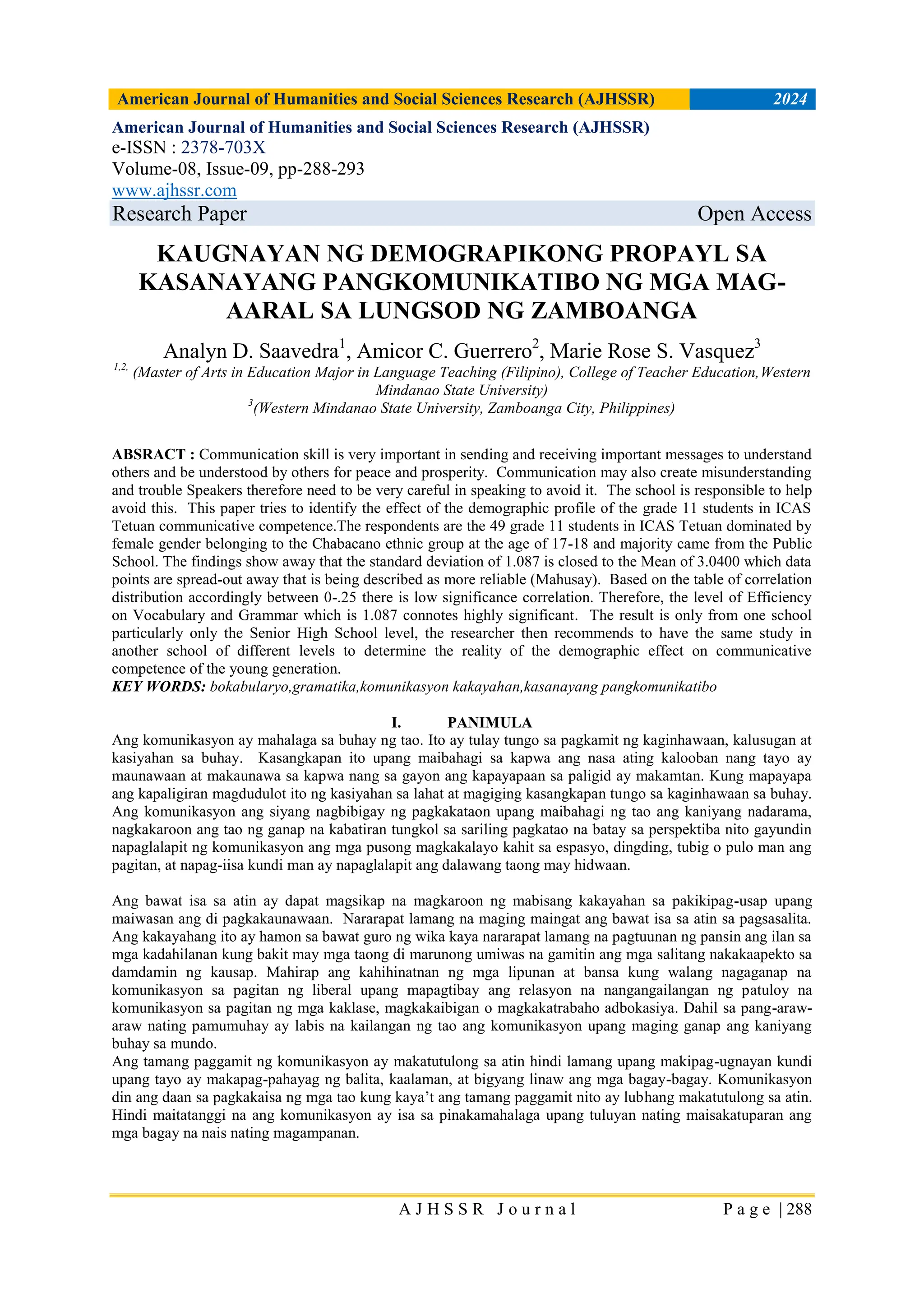 KAUGNAYAN NG DEMOGRAPIKONG PROPAYL SA KASANAYANG PANGKOMUNIKATIBO NG MGA MAGAARAL SA LUNGSOD NG ...