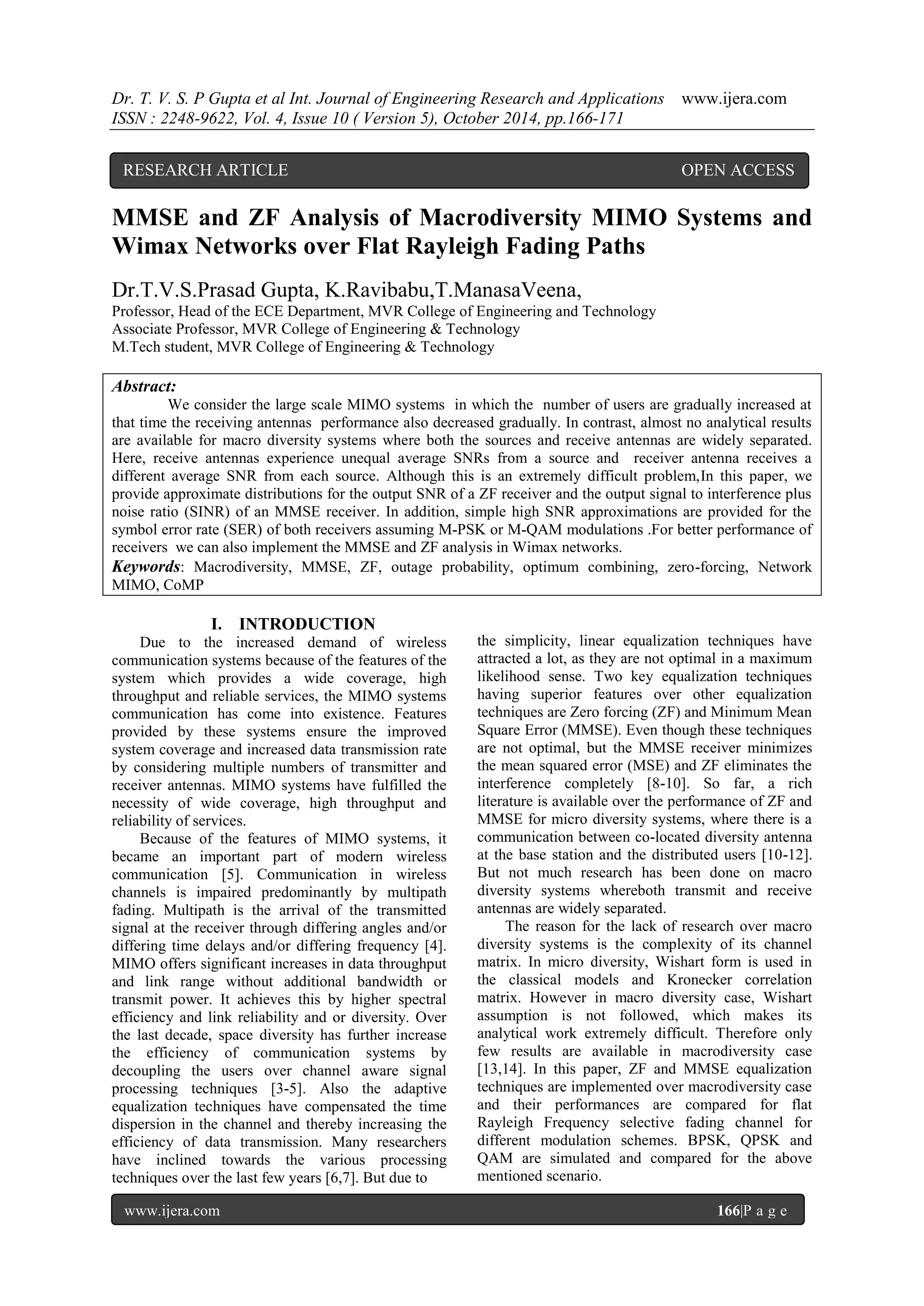 MMSE and ZF Analysis of Macrodiversity MIMO Systems and Wimax Networks over Flat Rayleigh Fading ...