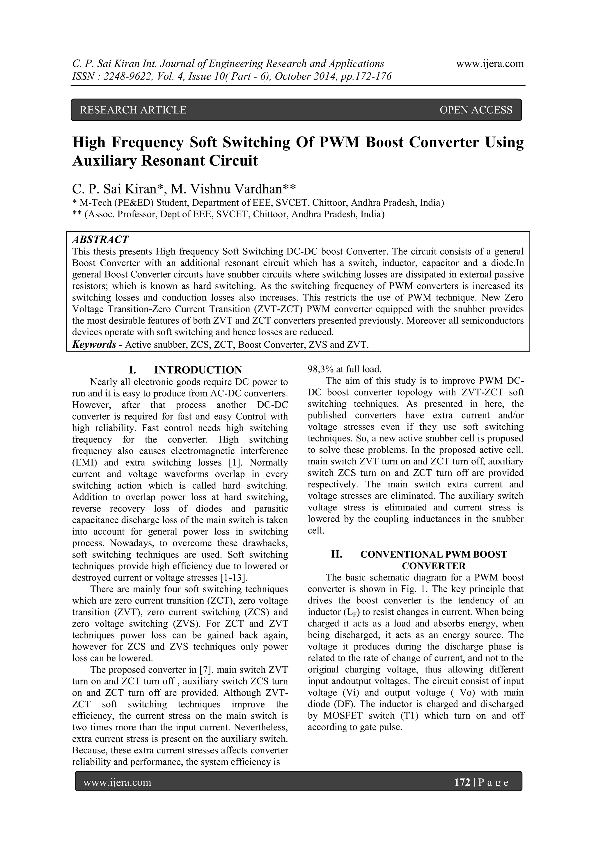 High Frequency Soft Switching Of PWM Boost Converter Using Auxiliary Resonant Circuit | PDF ...