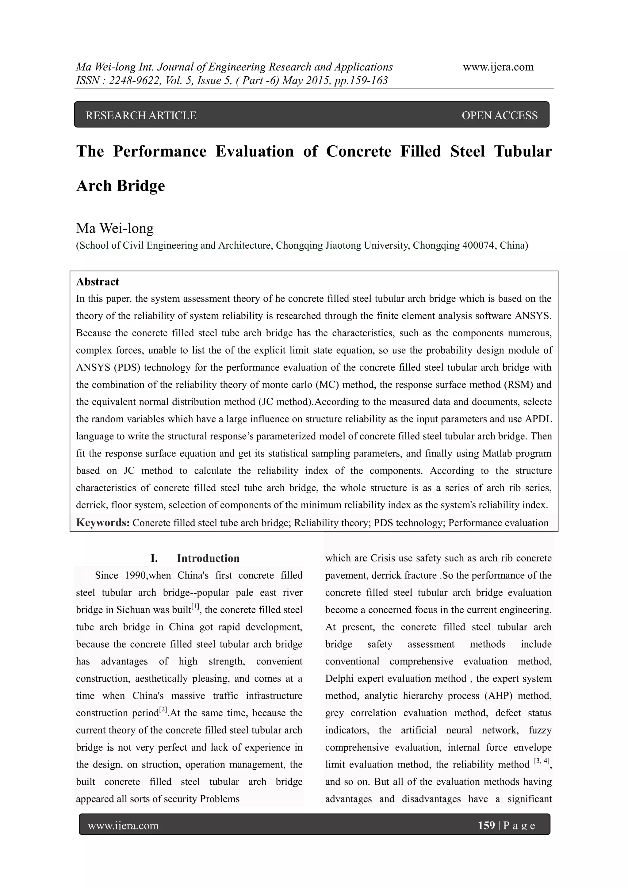 The Performance Evaluation of Concrete Filled Steel Tubular Arch Bridge ...