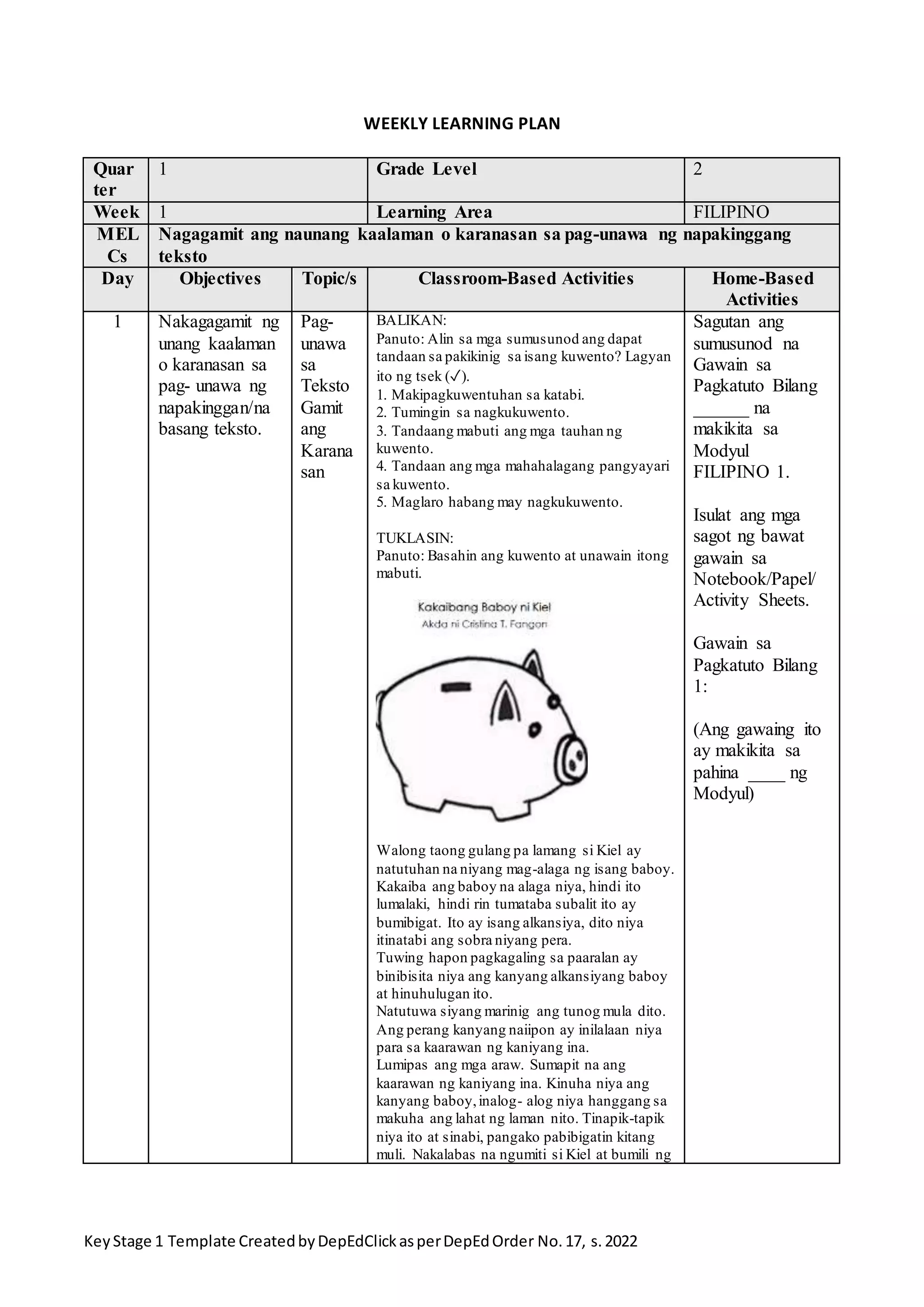 Weekly plan Grade 2 Q1 | DOCX